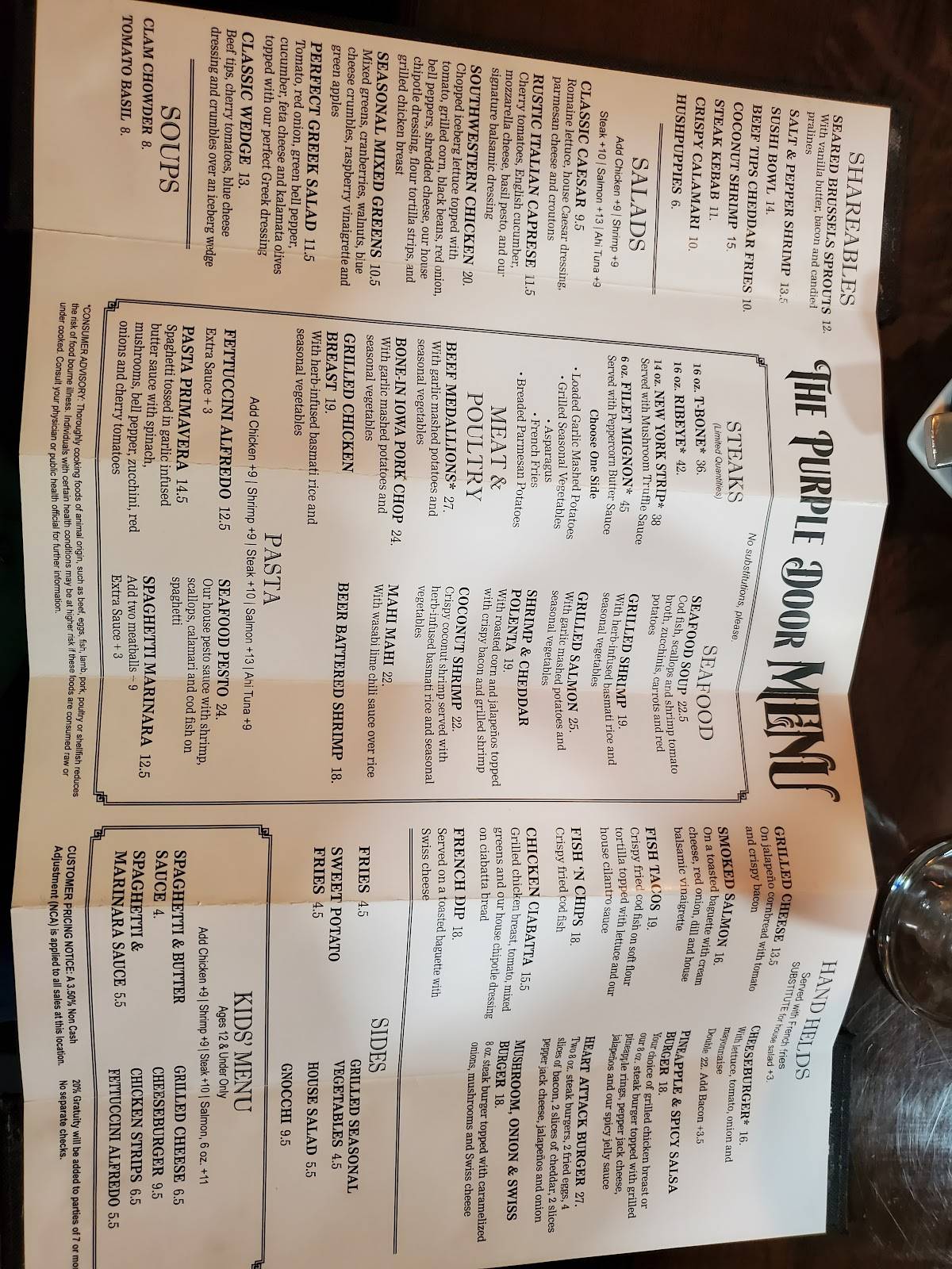 Menu at The Purple Door restaurant, Harlan