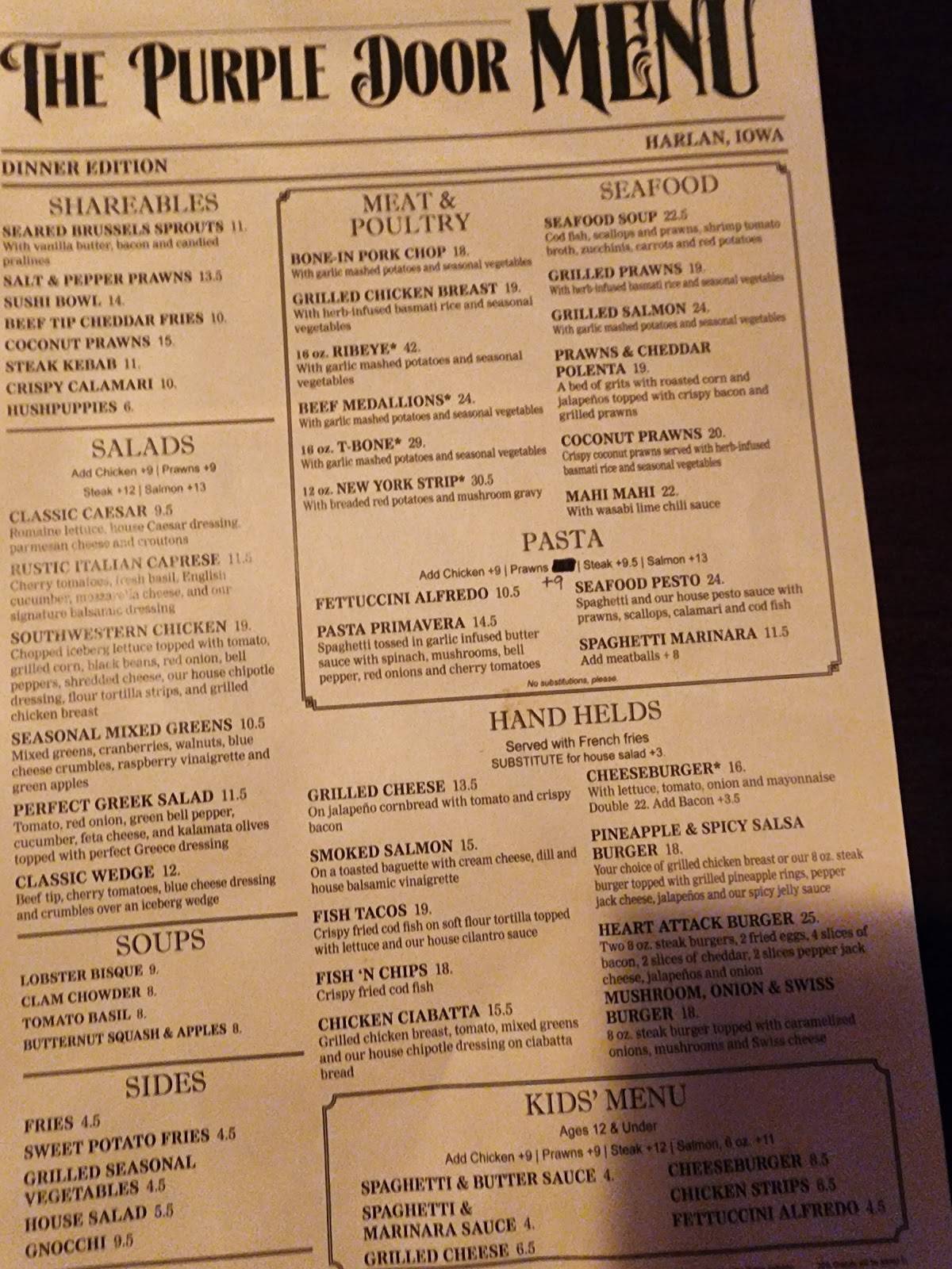 Menu at The Purple Door restaurant, Harlan