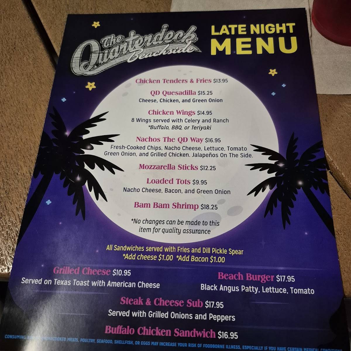 Menu at The Quarter Deck pub & bar, Myrtle Beach