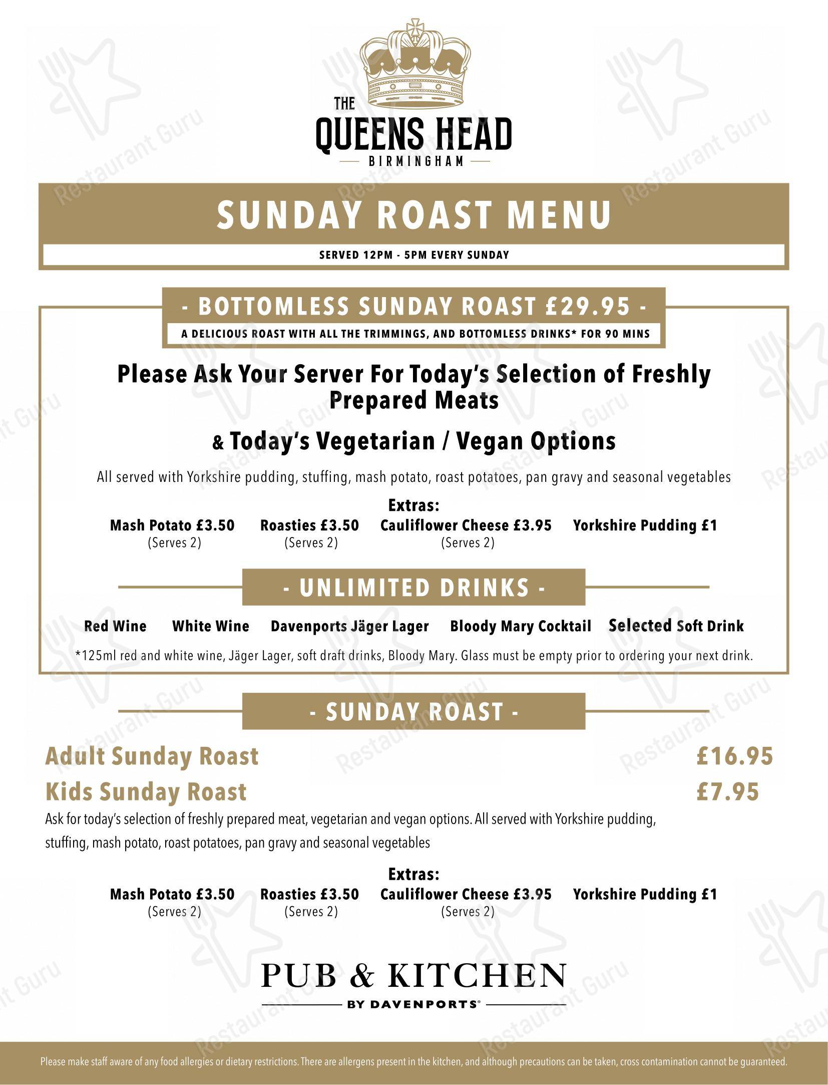Menu at The Queens Head pub & bar, Birmingham, 28 Steelhouse Ln