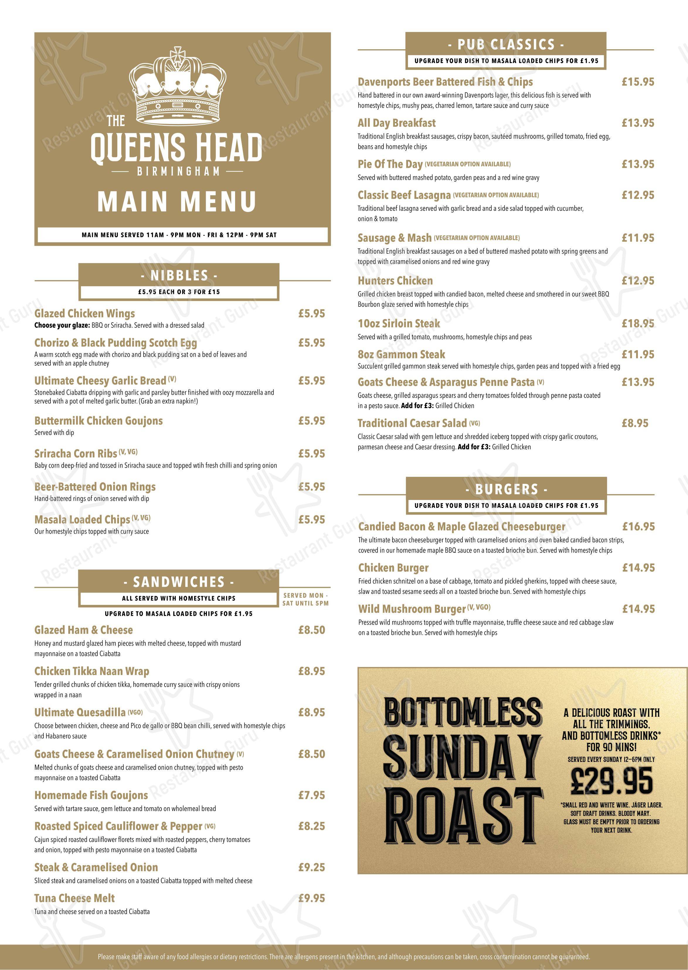 Menu at The Queens Head pub & bar, Birmingham, 28 Steelhouse Ln