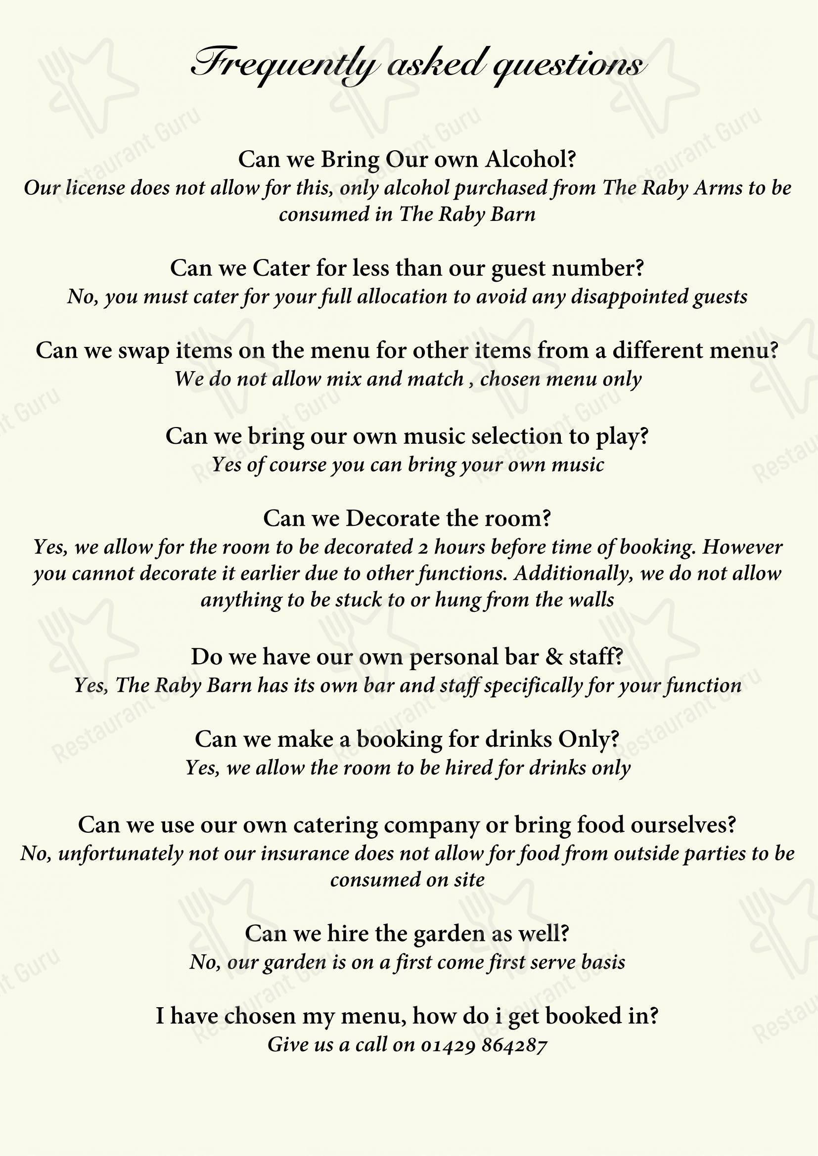 Menu at The Raby Arms - Village Pub and Kitchen, Hartlepool, Front St