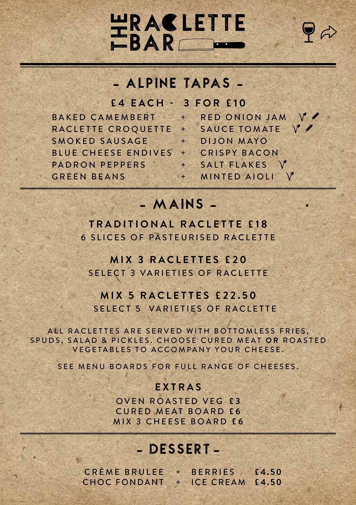 Carta de The Raclette Bar, Londres