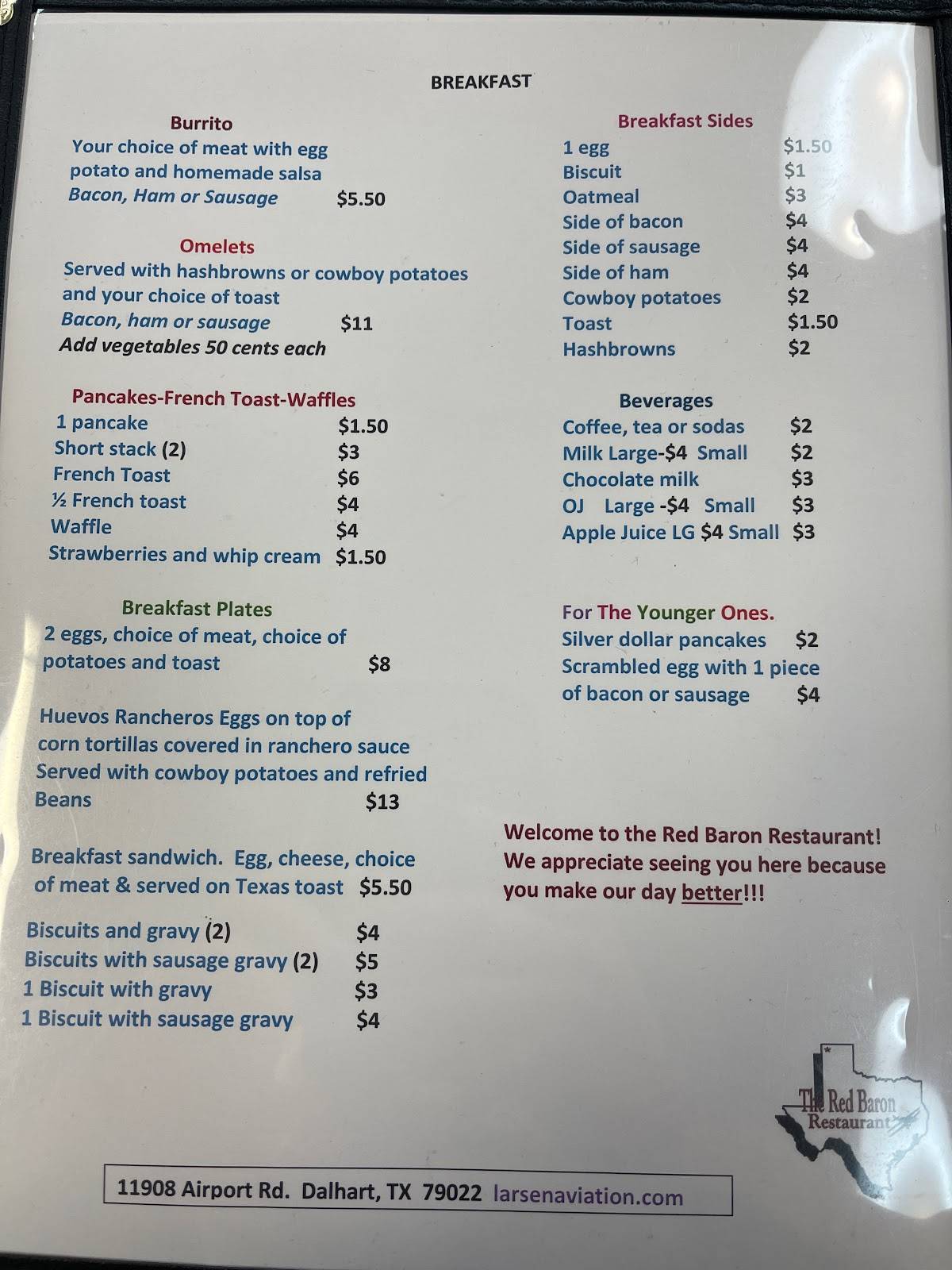 Menu at The Red Baron Restaurant, Dalhart
