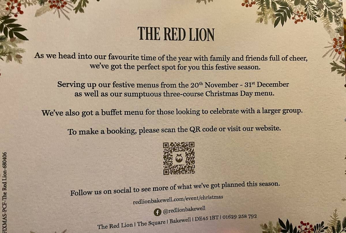 Menu at The Red Lion pub & bar, Bakewell