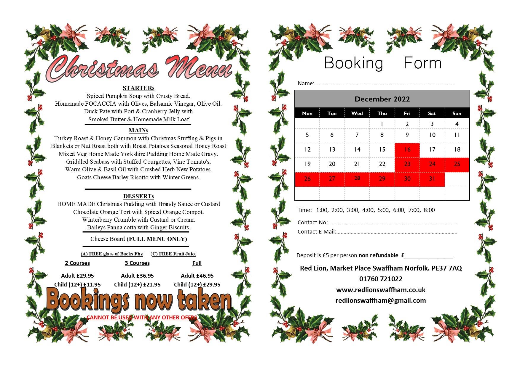 Menu at The Red Lion restaurant, Swaffham