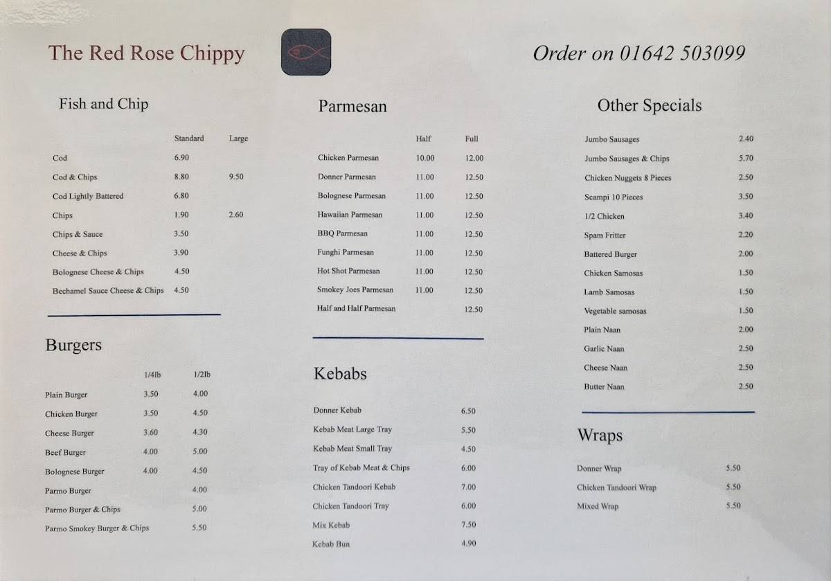 Menu at The Red Rose Chippy, Stockton-on-Tees