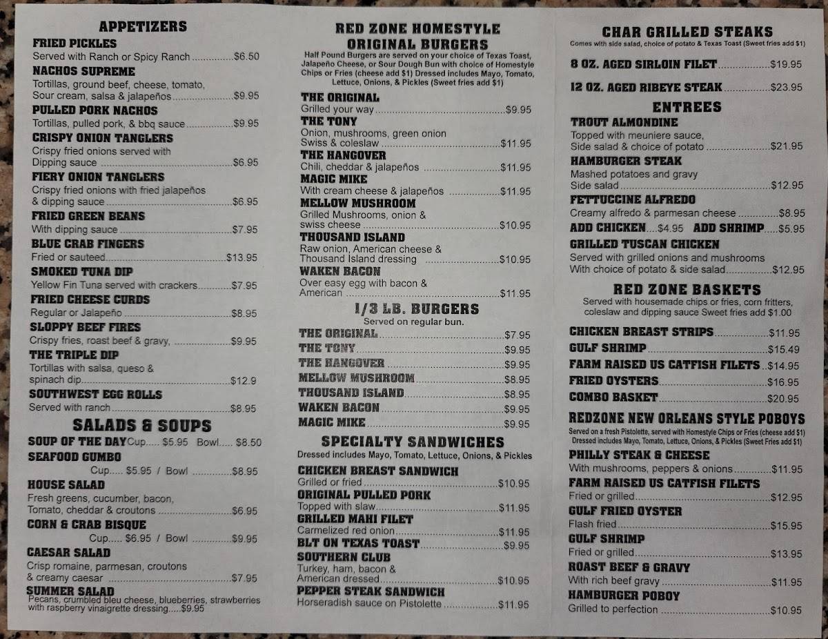Menu at The Red Zone pub & bar, Diamondhead