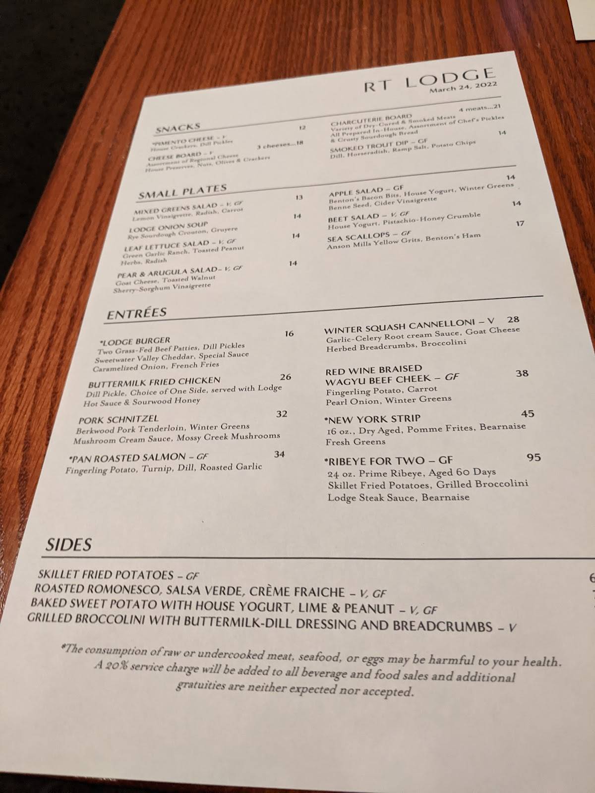 Menu at The Restaurant at RT Lodge, Maryville