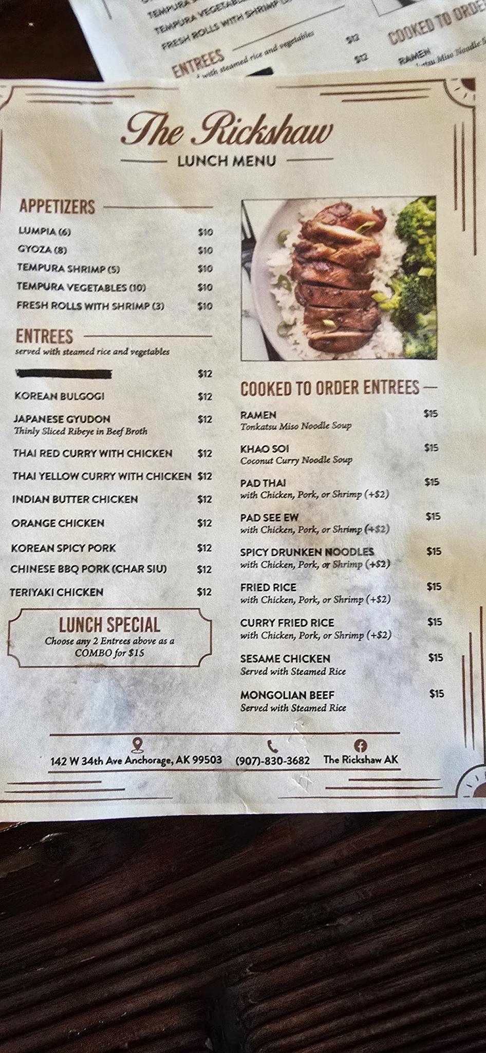 Menu at The Rickshaw AK restaurant, Anchorage