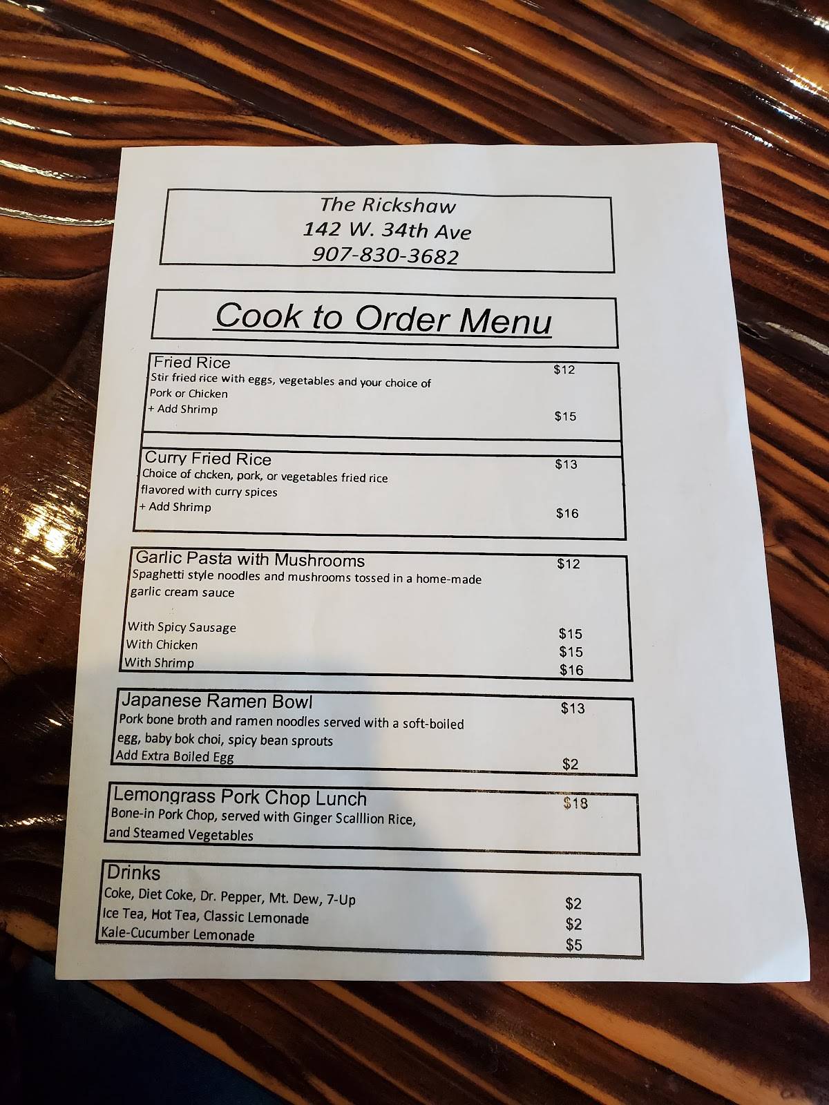 Menu at The Rickshaw AK restaurant, Anchorage