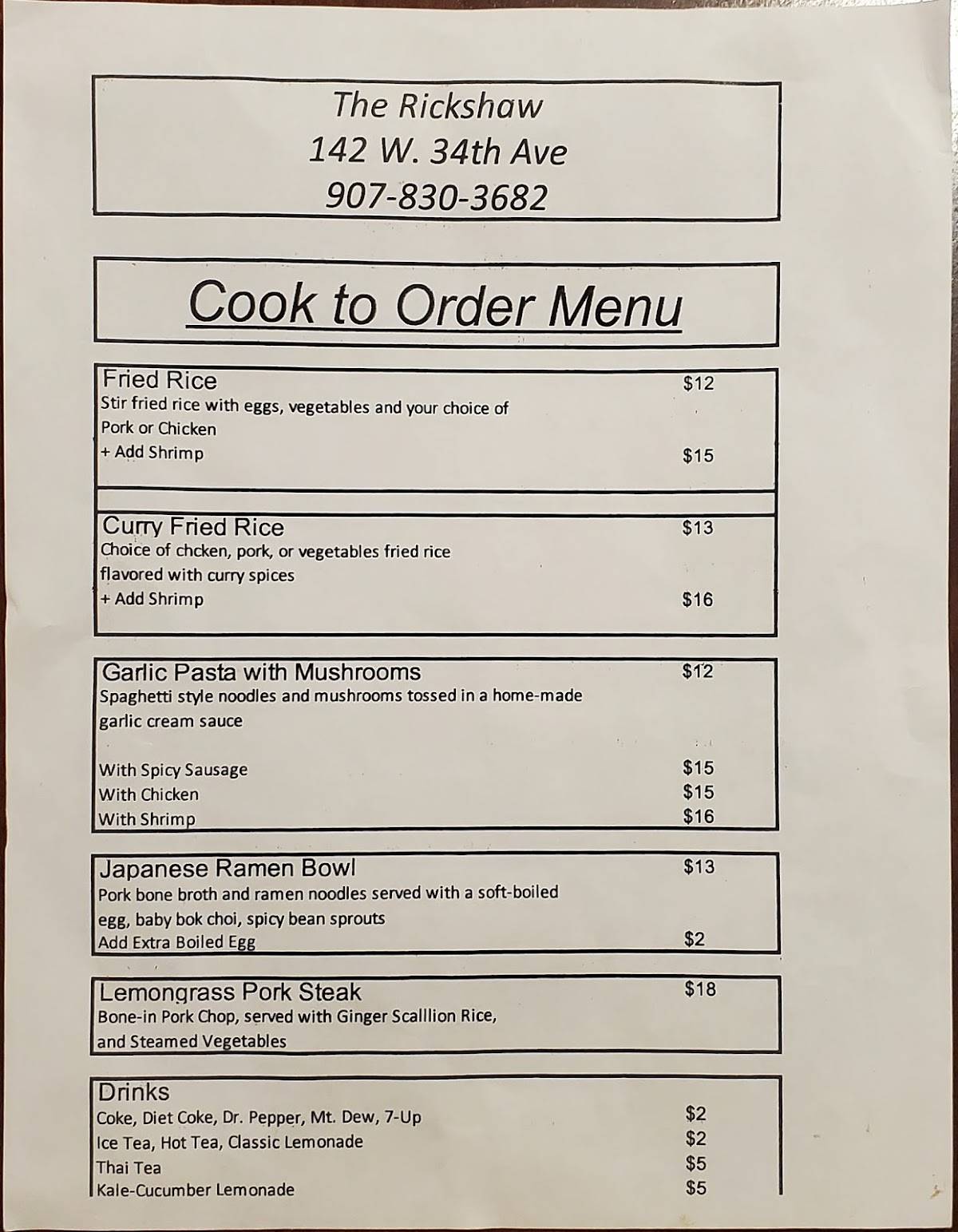 Menu at The Rickshaw AK restaurant, Anchorage