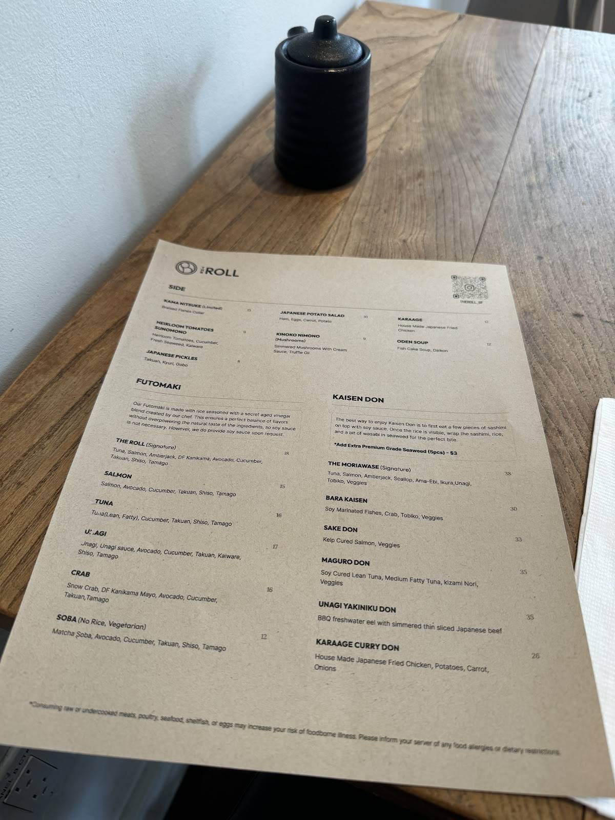 Menu at The Roll restaurant, San Francisco