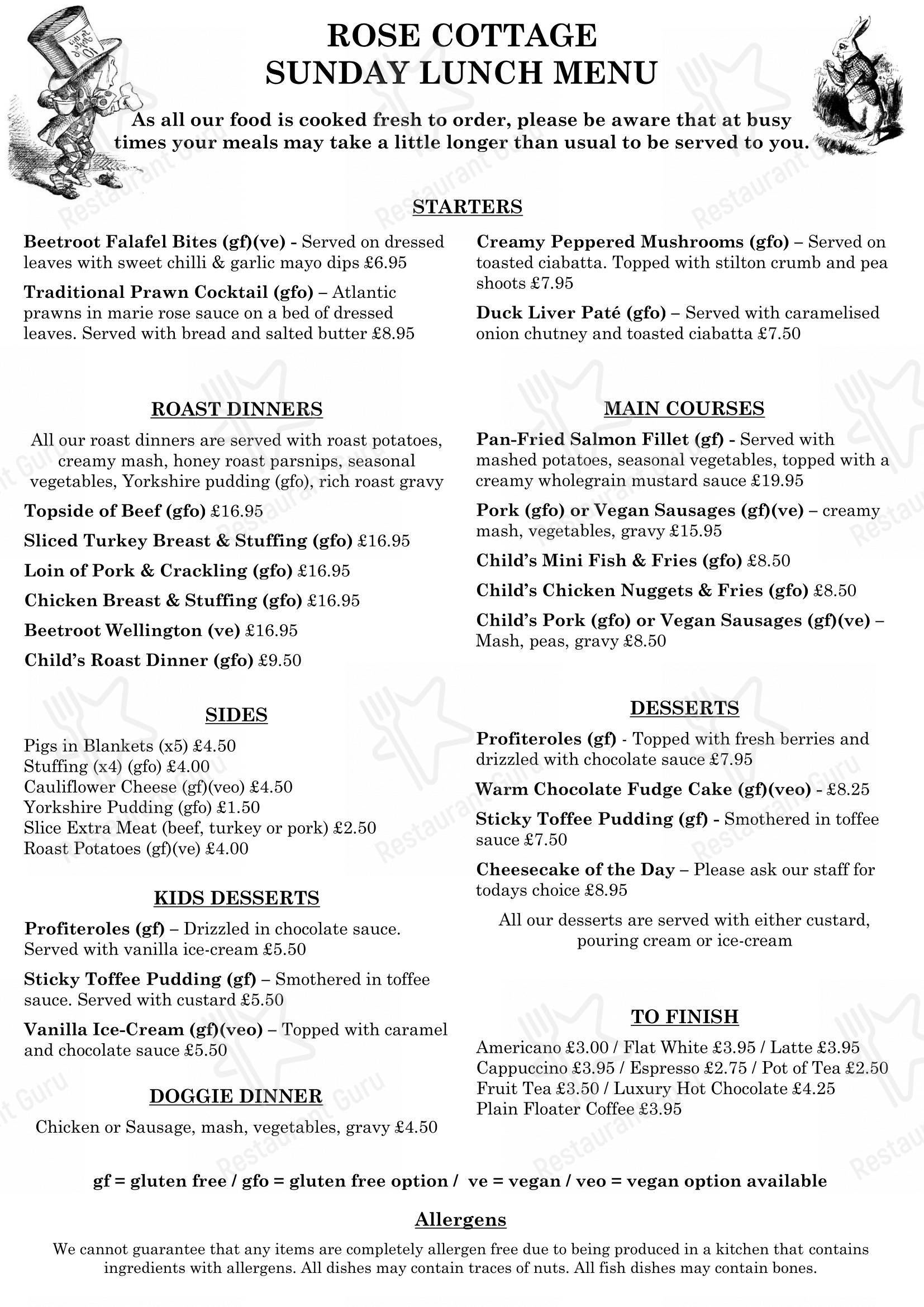 Menu at The Rose Cottage pub & bar, Edwinstowe