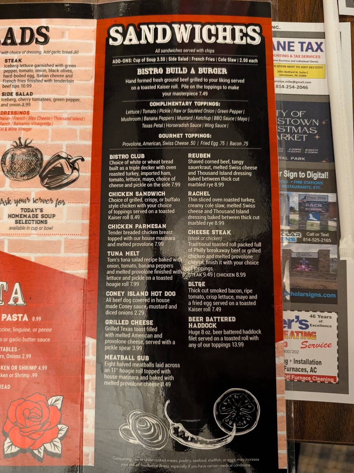 Menu at The Rosebud Bistro pizzeria, Johnstown