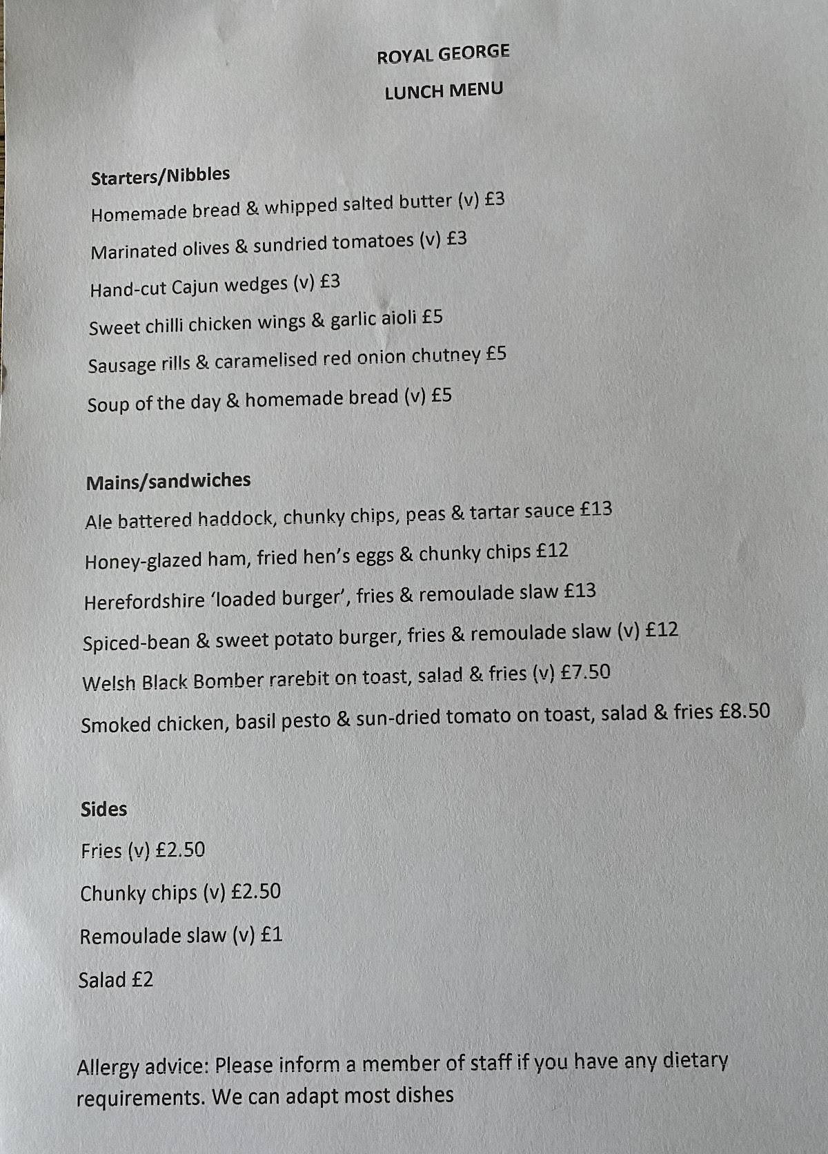 Menu at The Royal George pub & bar, England, Lingen