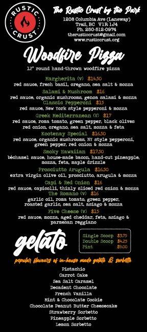 Menu at The Rustic Crust restaurant, Trail