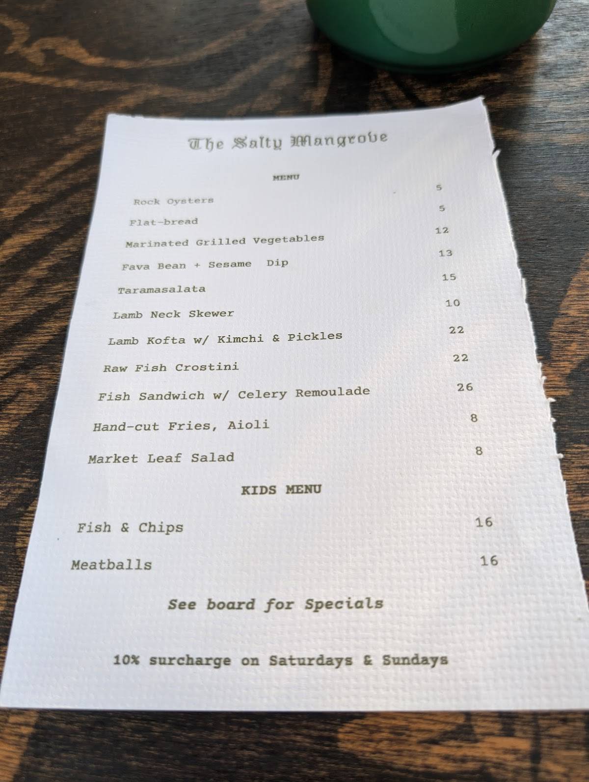 Menu at The Salty Mangrove restaurant, New Brighton