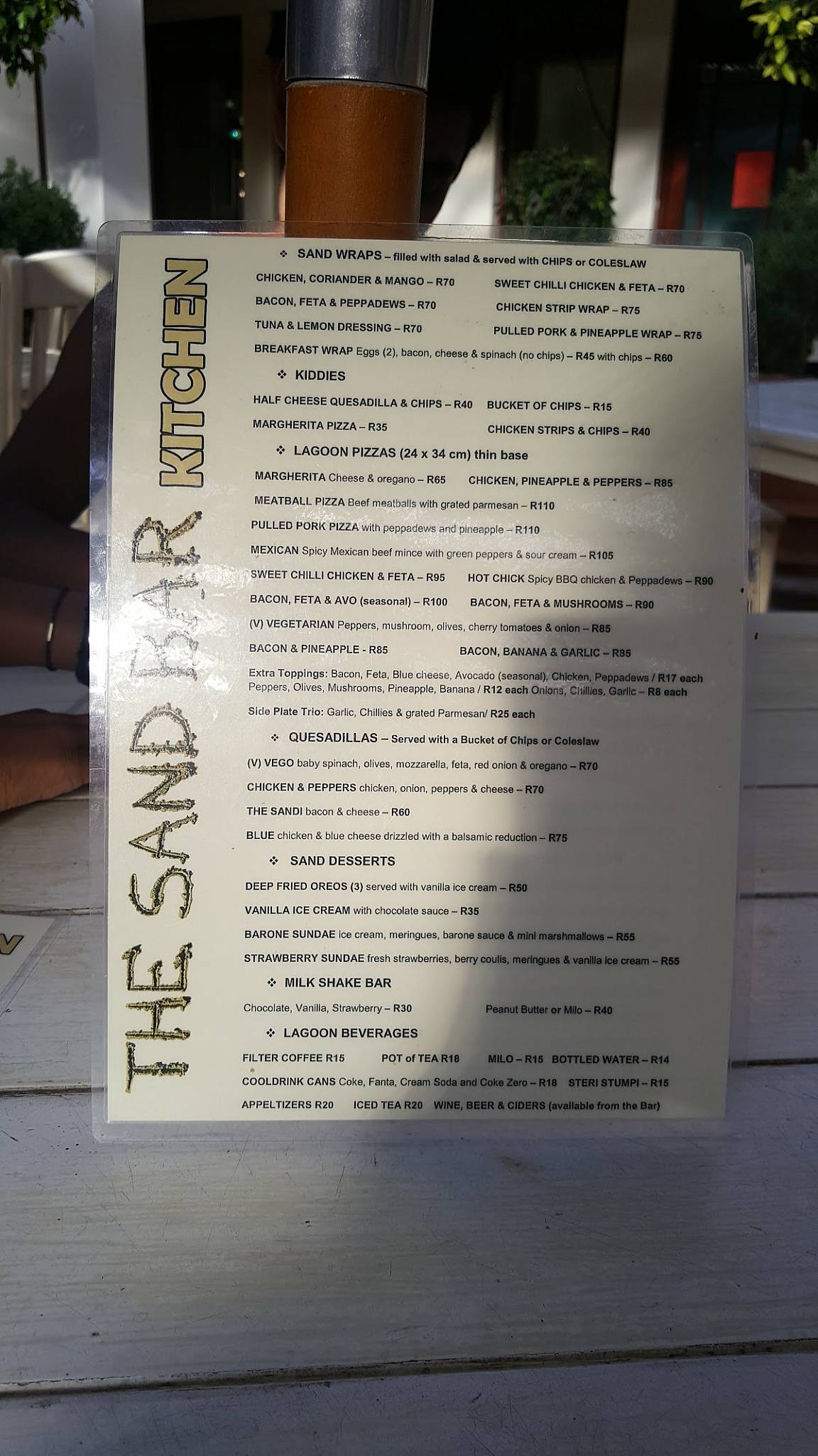 Menu au The Sand Bar, Langebaan