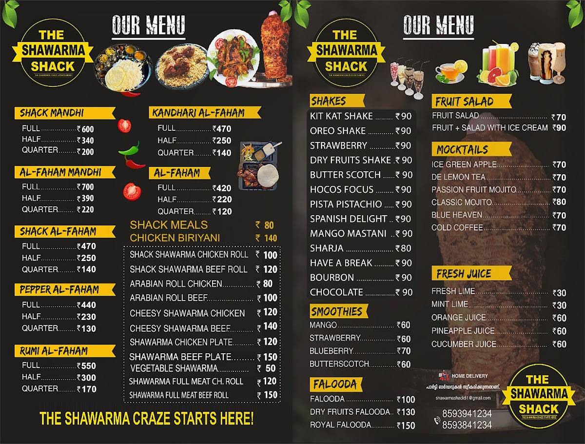 Menu at The Shawarma Shack, Thrissur