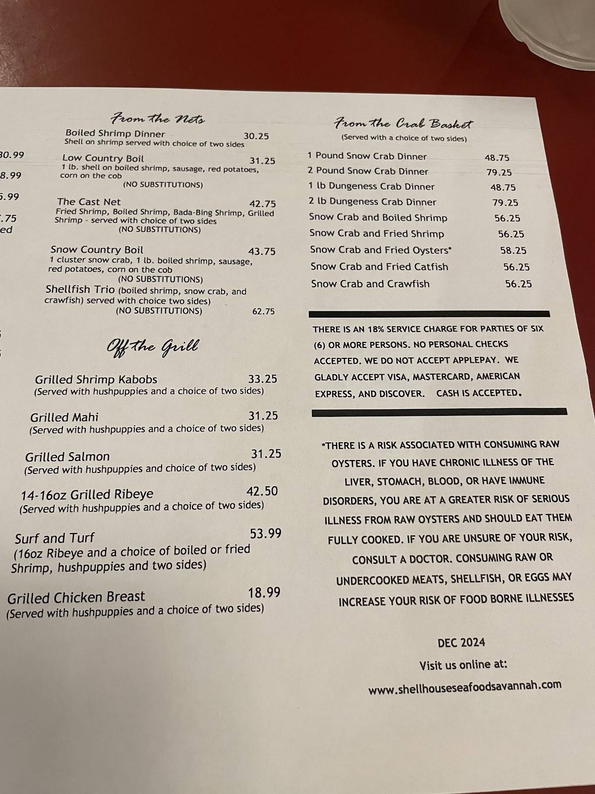 Menu at The ShellHouse Seafood Restaurant, Savannah