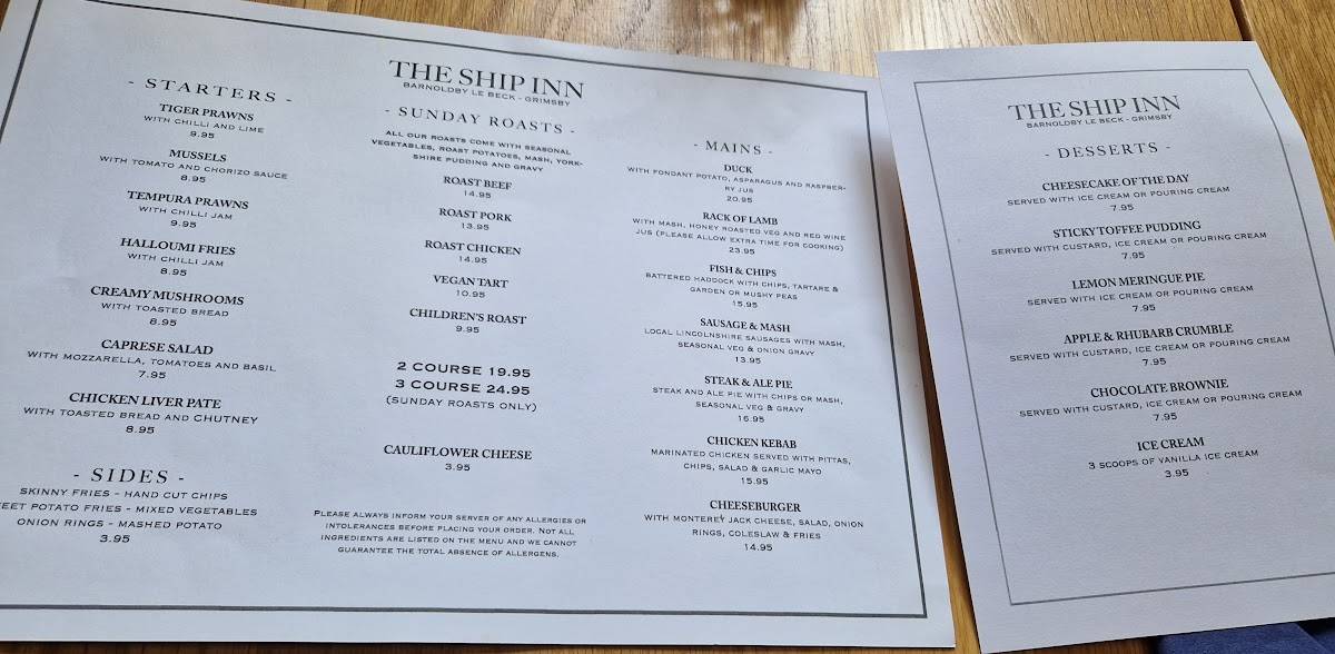 Menu at The Ship Inn pub & bar, Grimsby