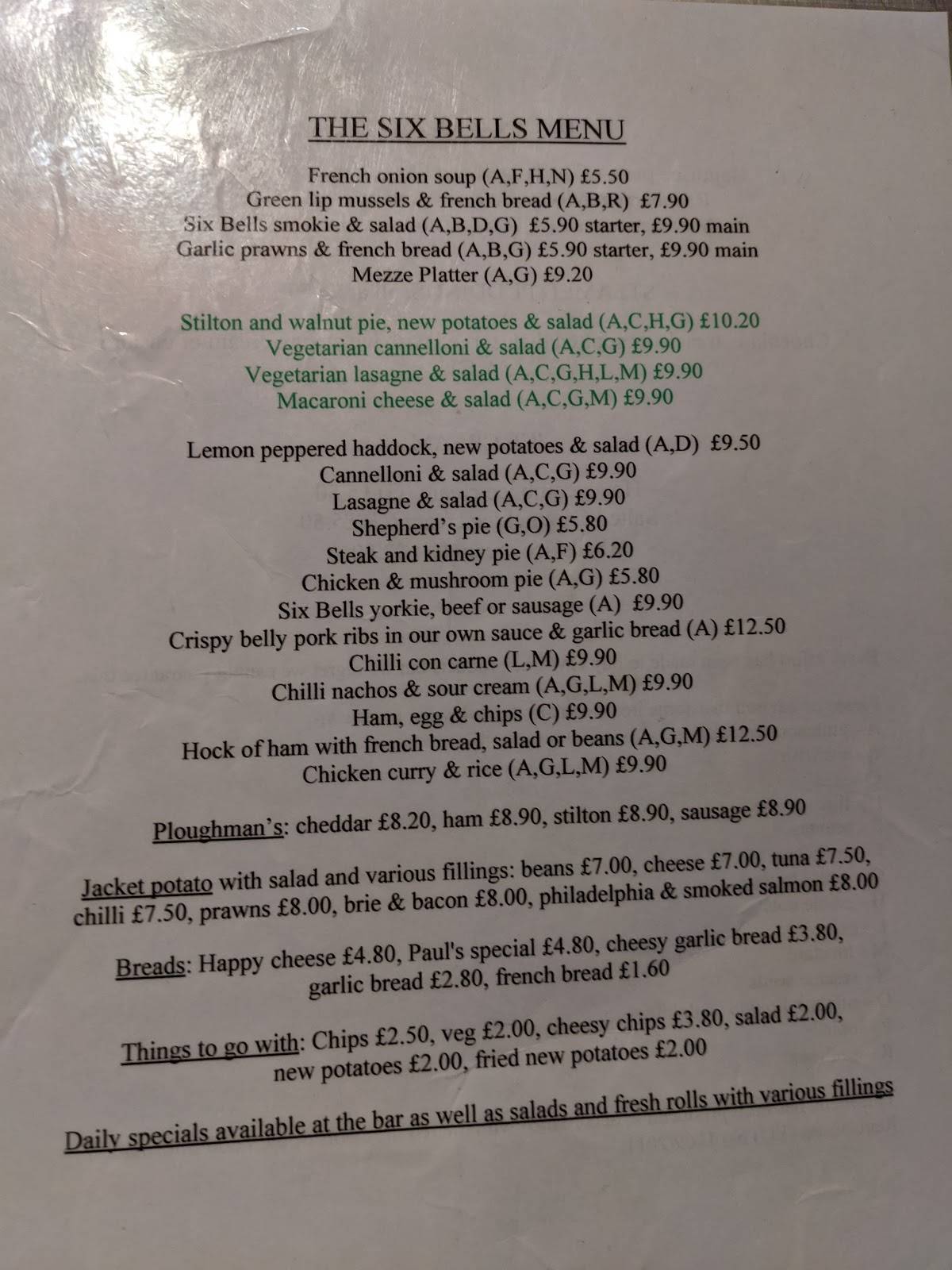 Menu at The Six Bells Chiddingly pub & bar, Chiddingly