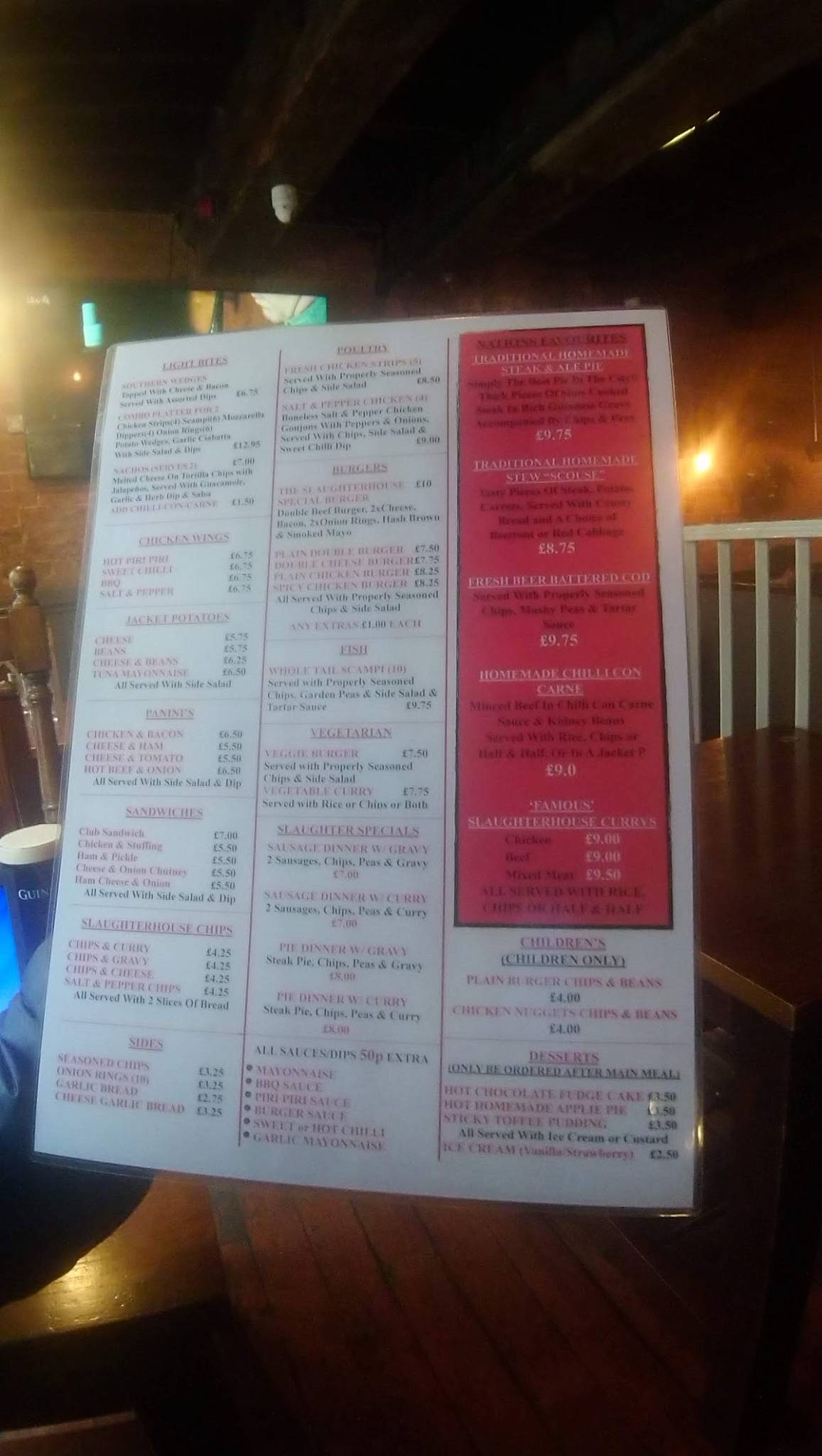 Menu at The Slaughter House pub & bar, Liverpool, 13-15 Fenwick St