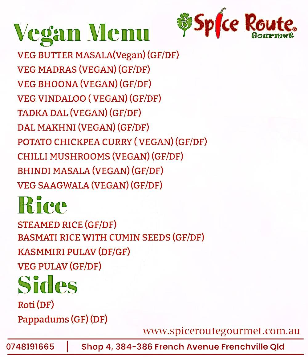 Menu at The Spice Route Gourmet restaurant, Rockhampton City