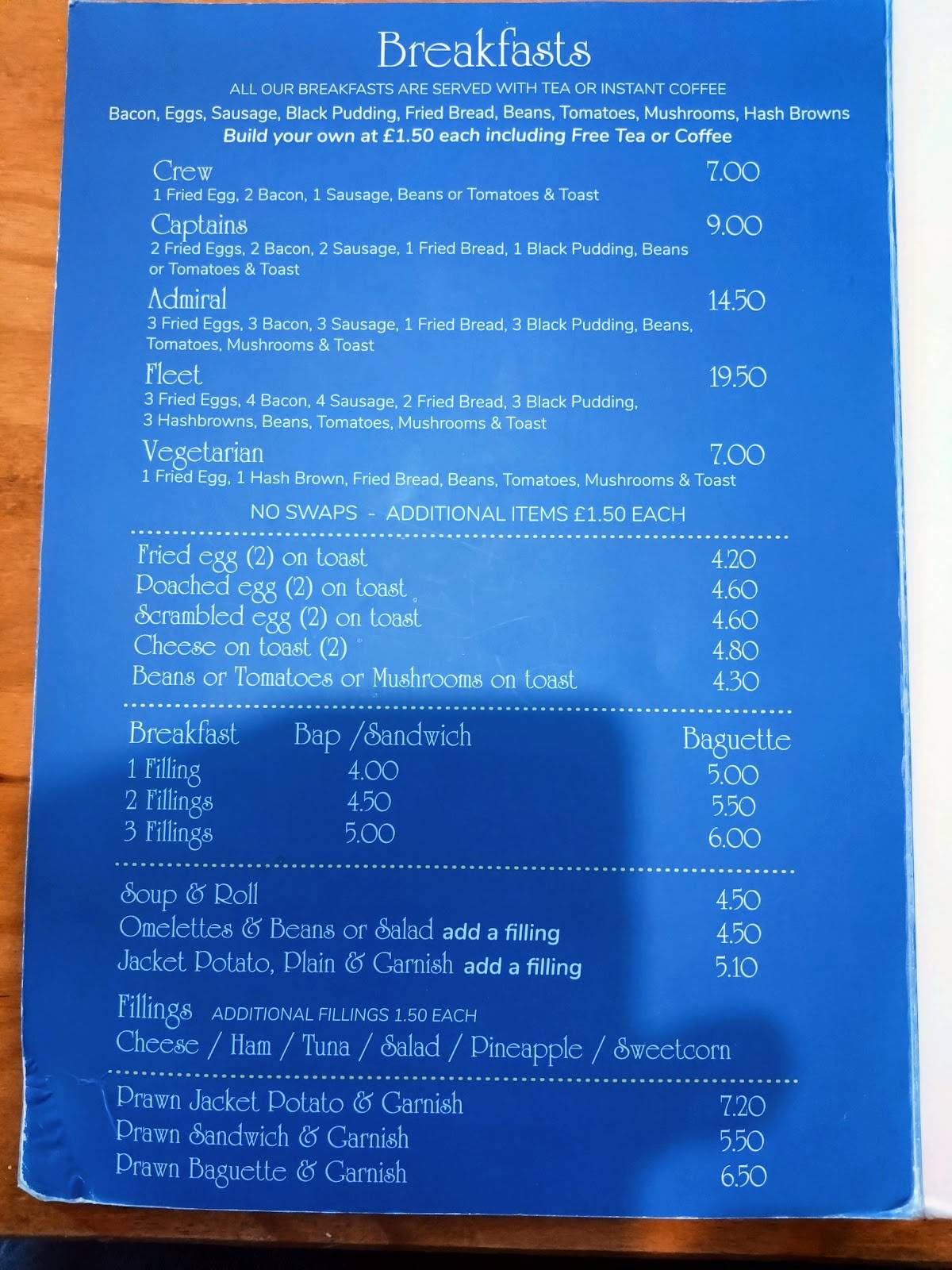 Menu at The Spinnaker Cafe, Milford Haven