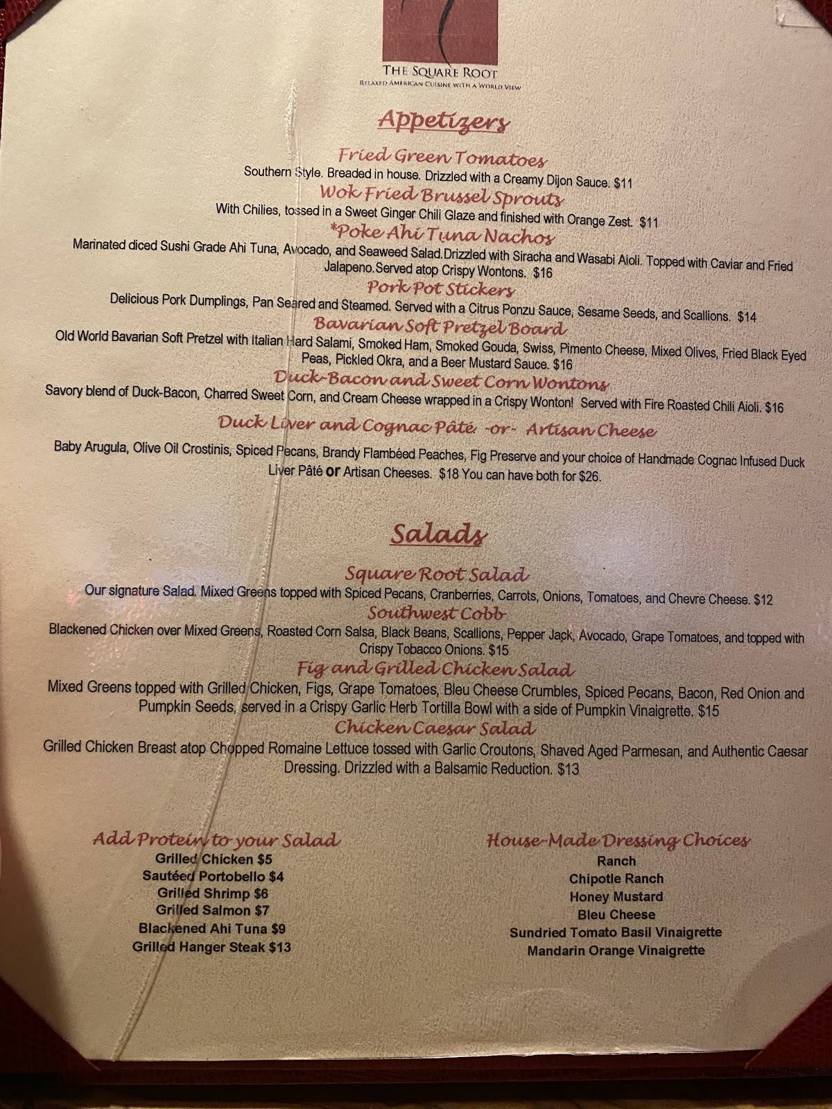 Menu at The Square Root restaurant, Brevard