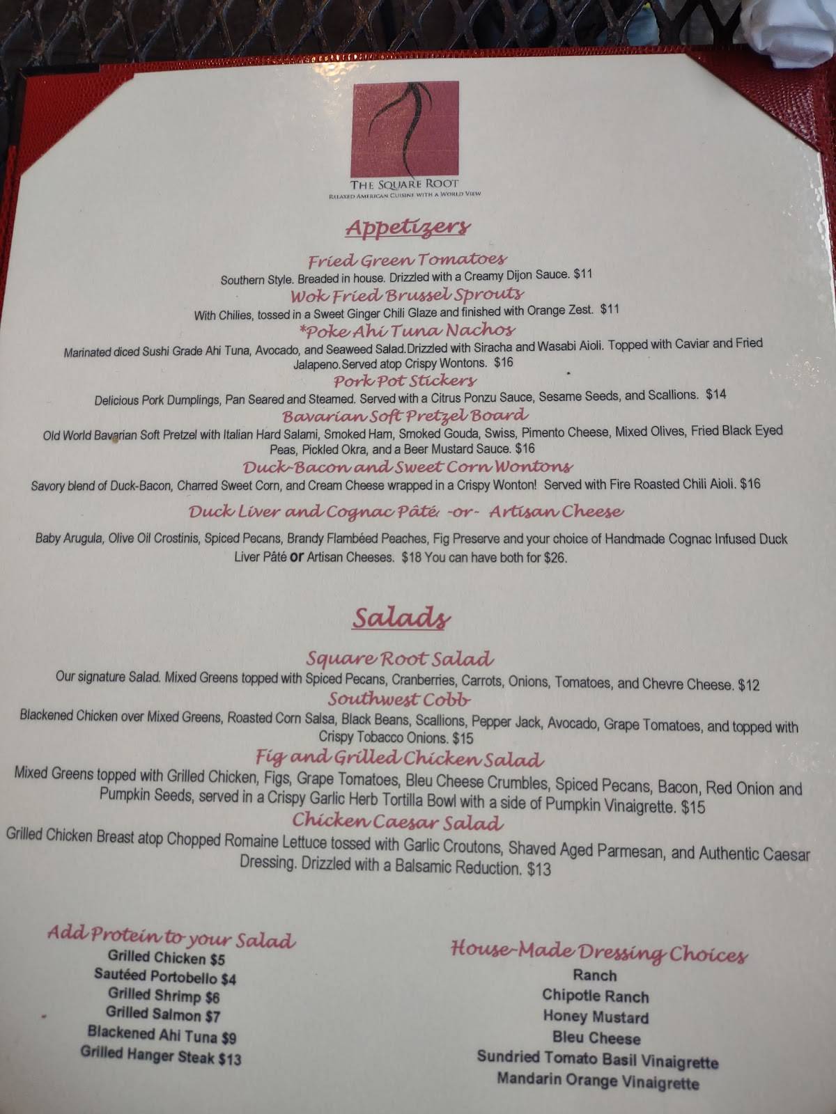 Menu at The Square Root restaurant, Brevard