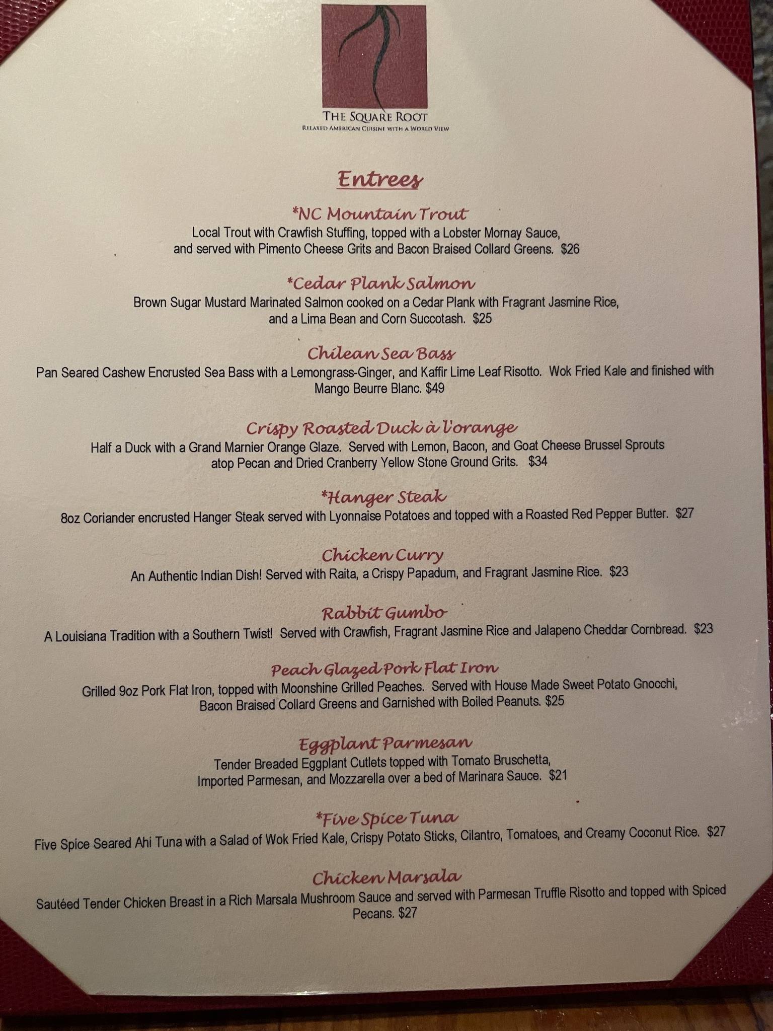 Menu at The Square Root restaurant, Brevard