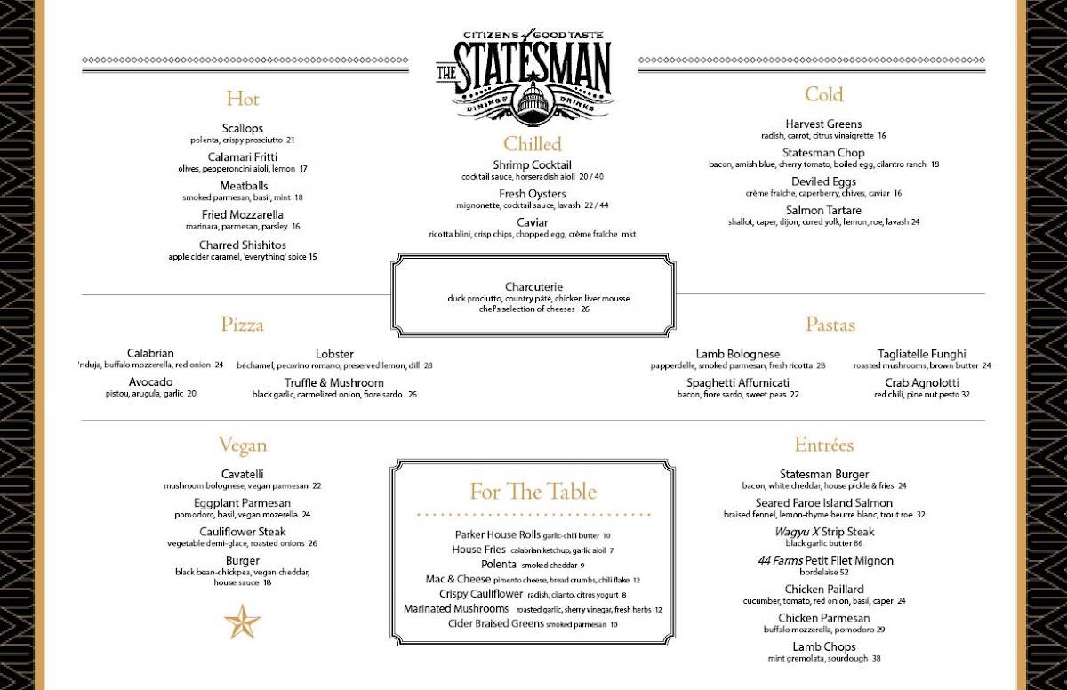 Menu at The Statesman - Austin Restaurant & Bar, Austin