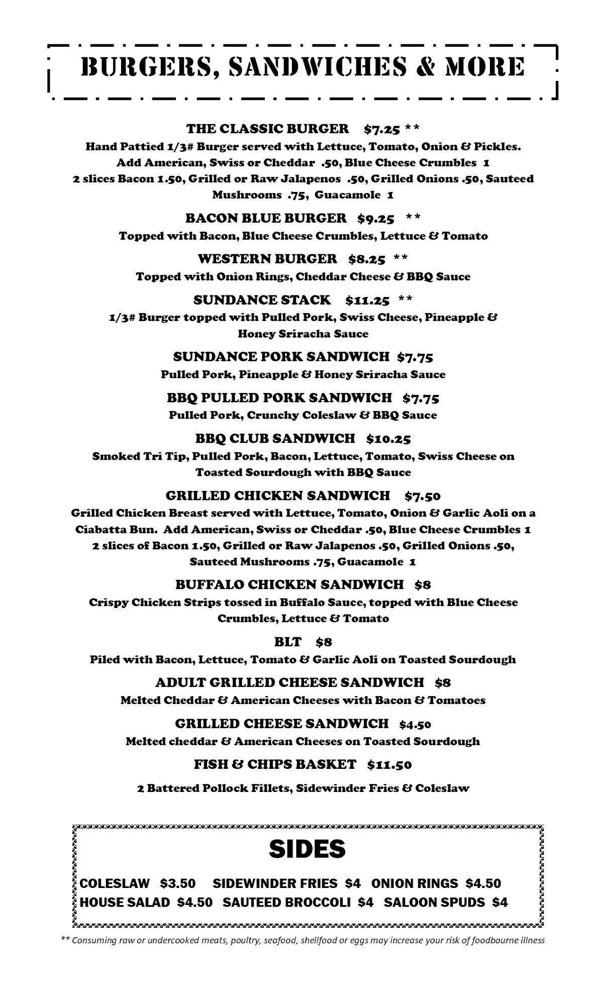 Menu at The Sundance Saloon Bar & Grill, Payette