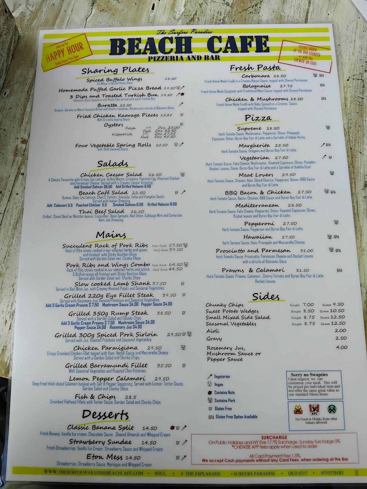 Menu at The Surfers Paradise Beach Cafe, Surfers Paradise