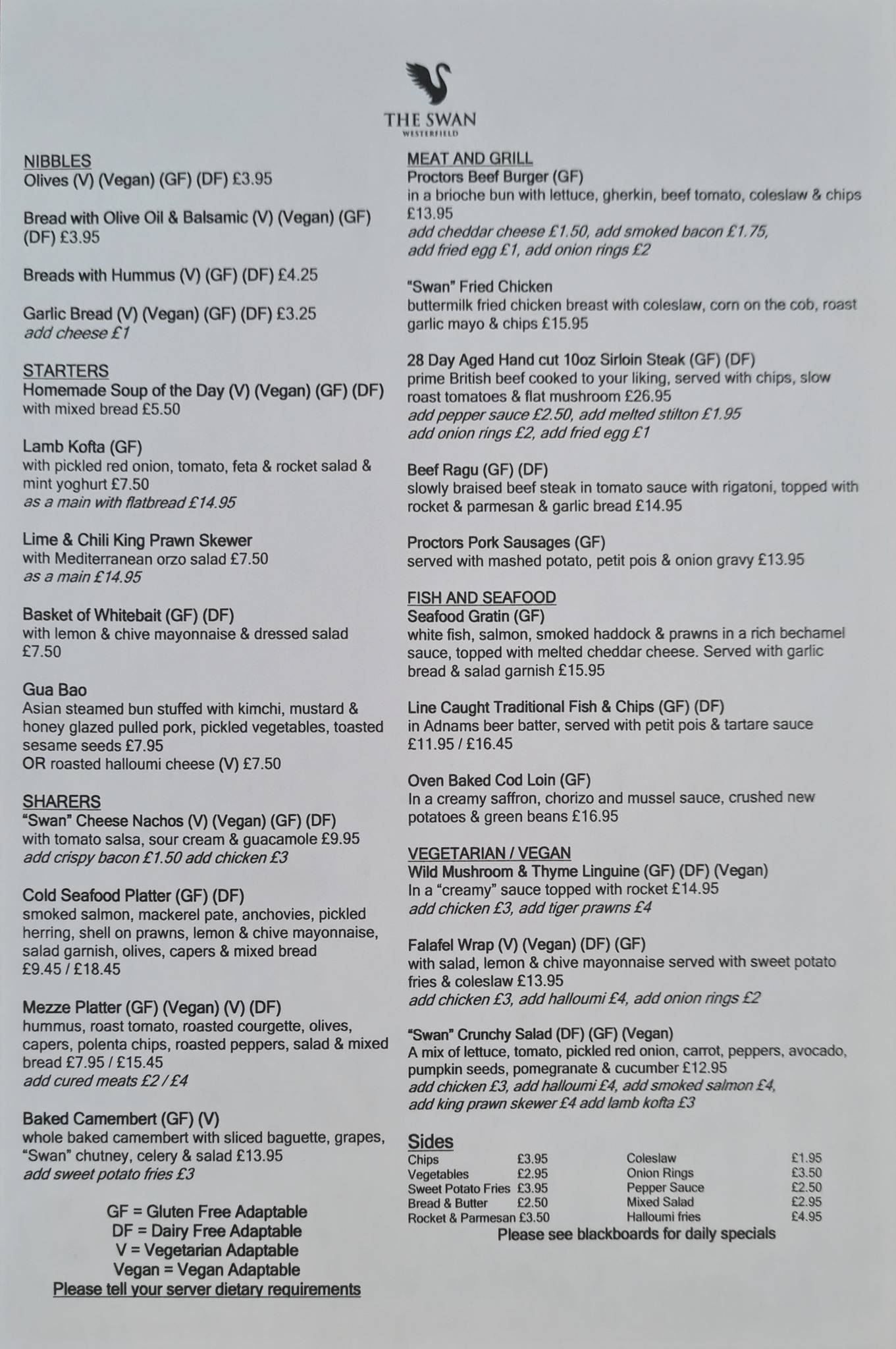 Menu at The Swan pub & bar, Ipswich, Westerfield Rd