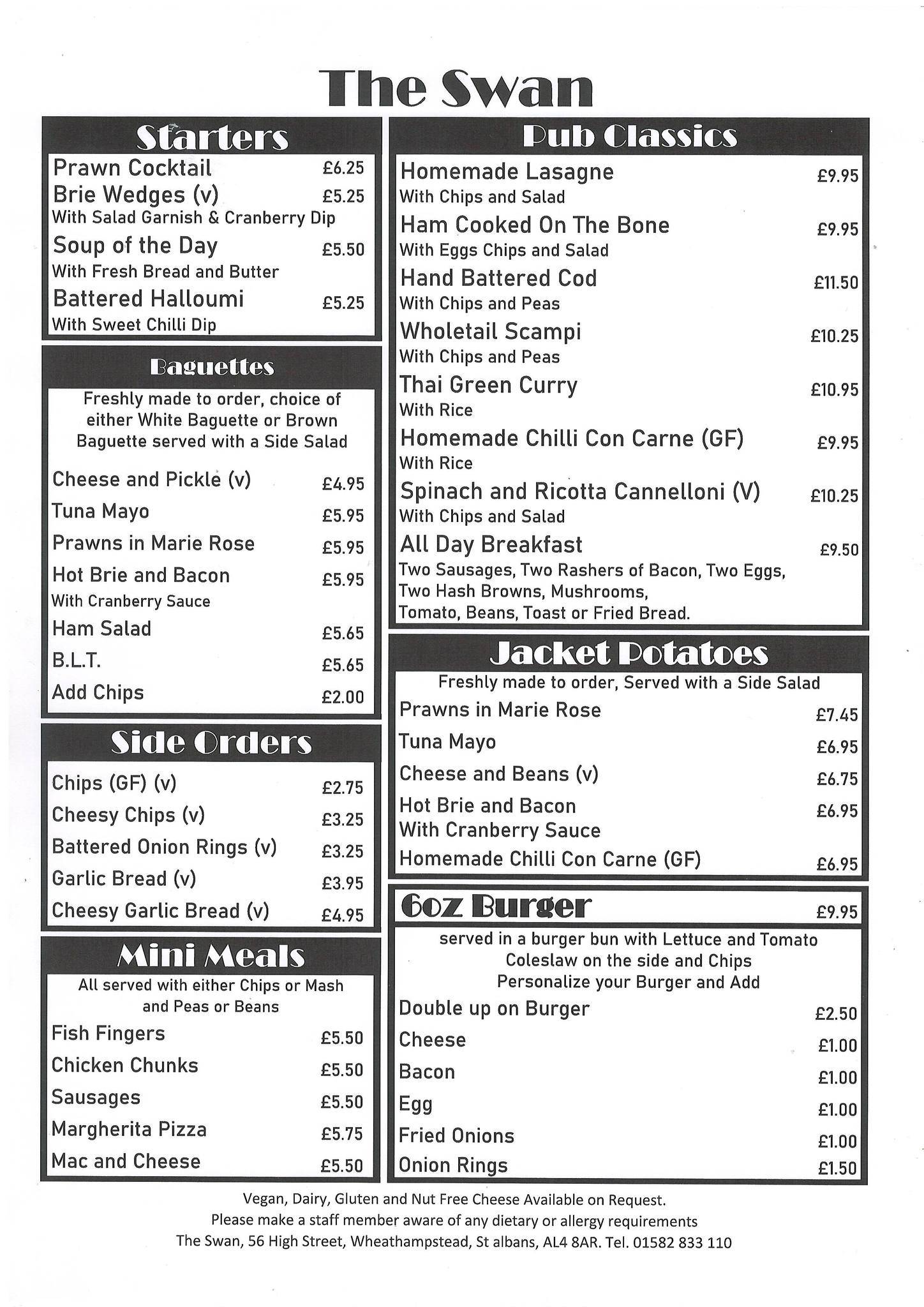 Menu at The Swan pub & bar, St Albans, 56 High St