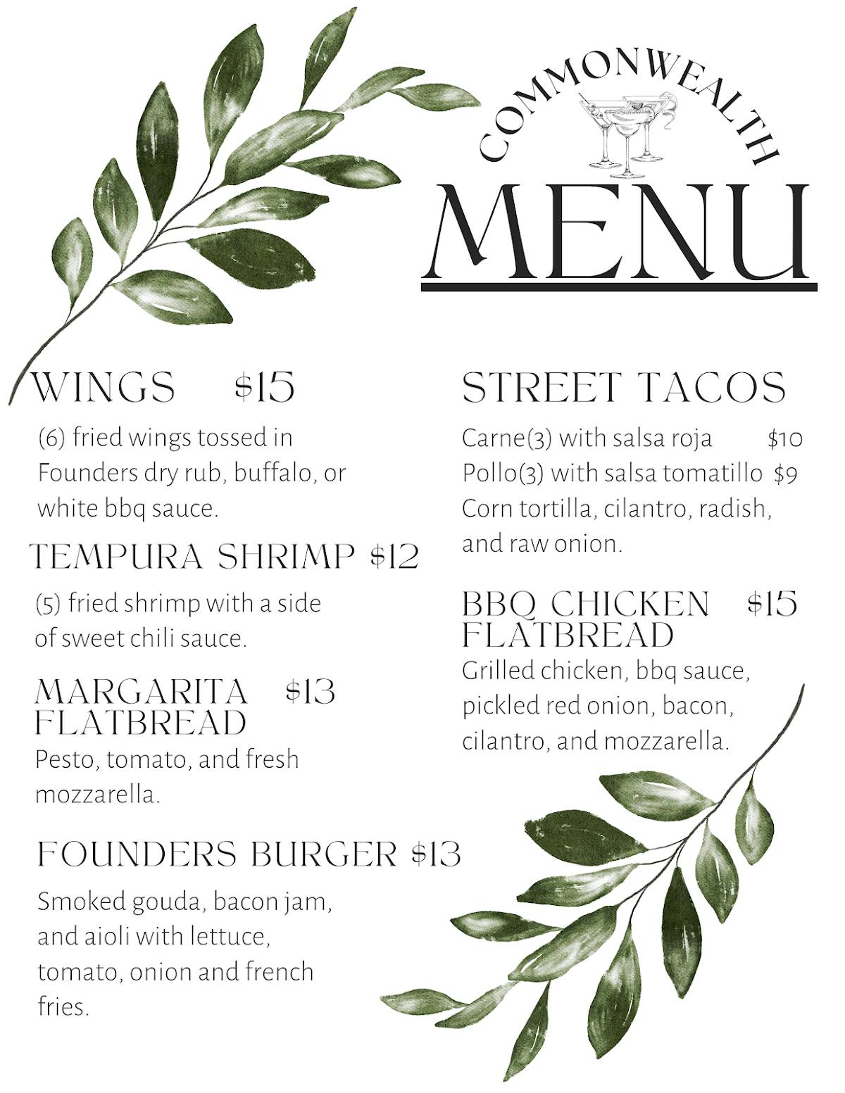 Menu at The Swan Terrace restaurant, Virginia Beach