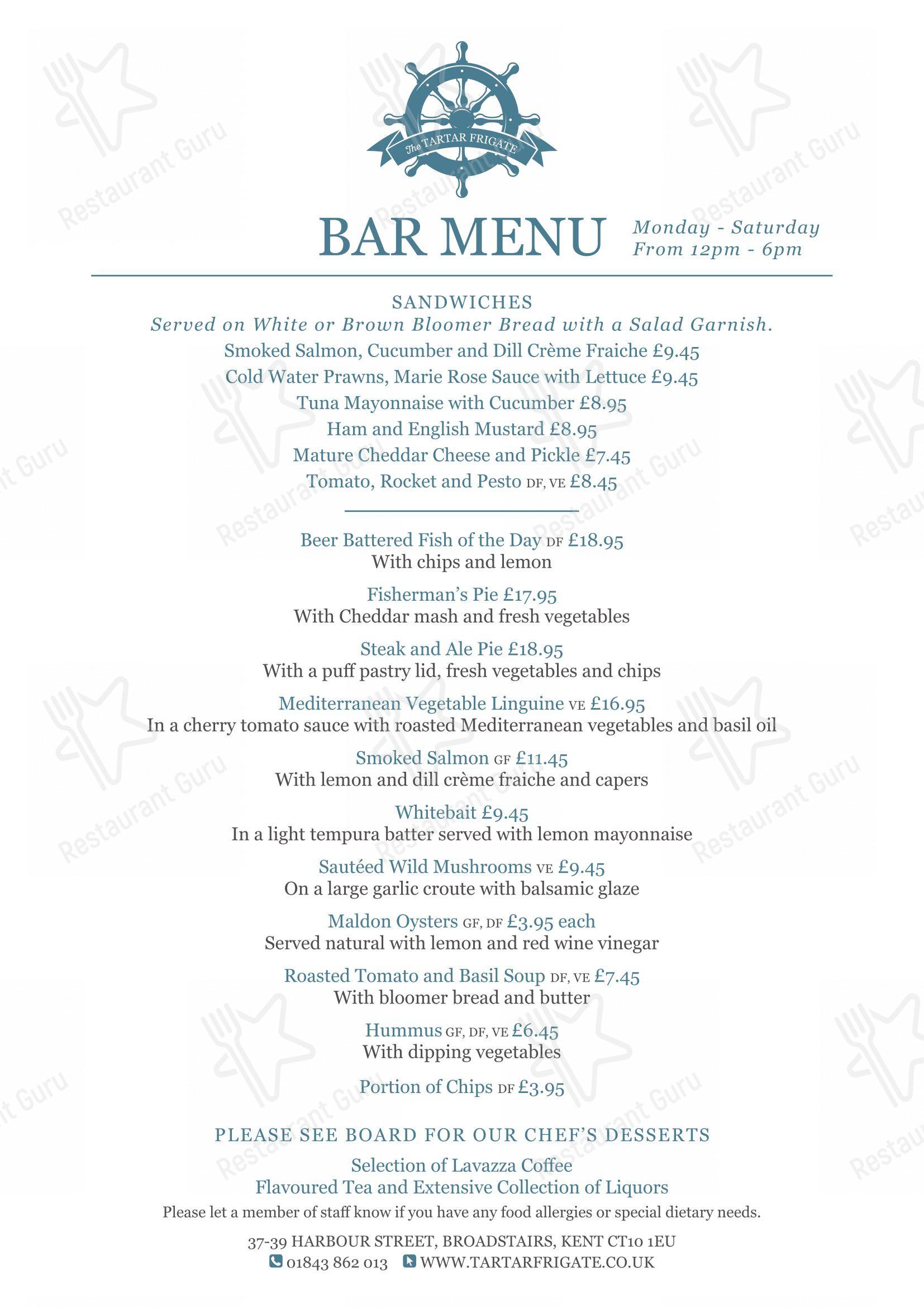 Menu at The Tartar Frigate pub & bar, Broadstairs