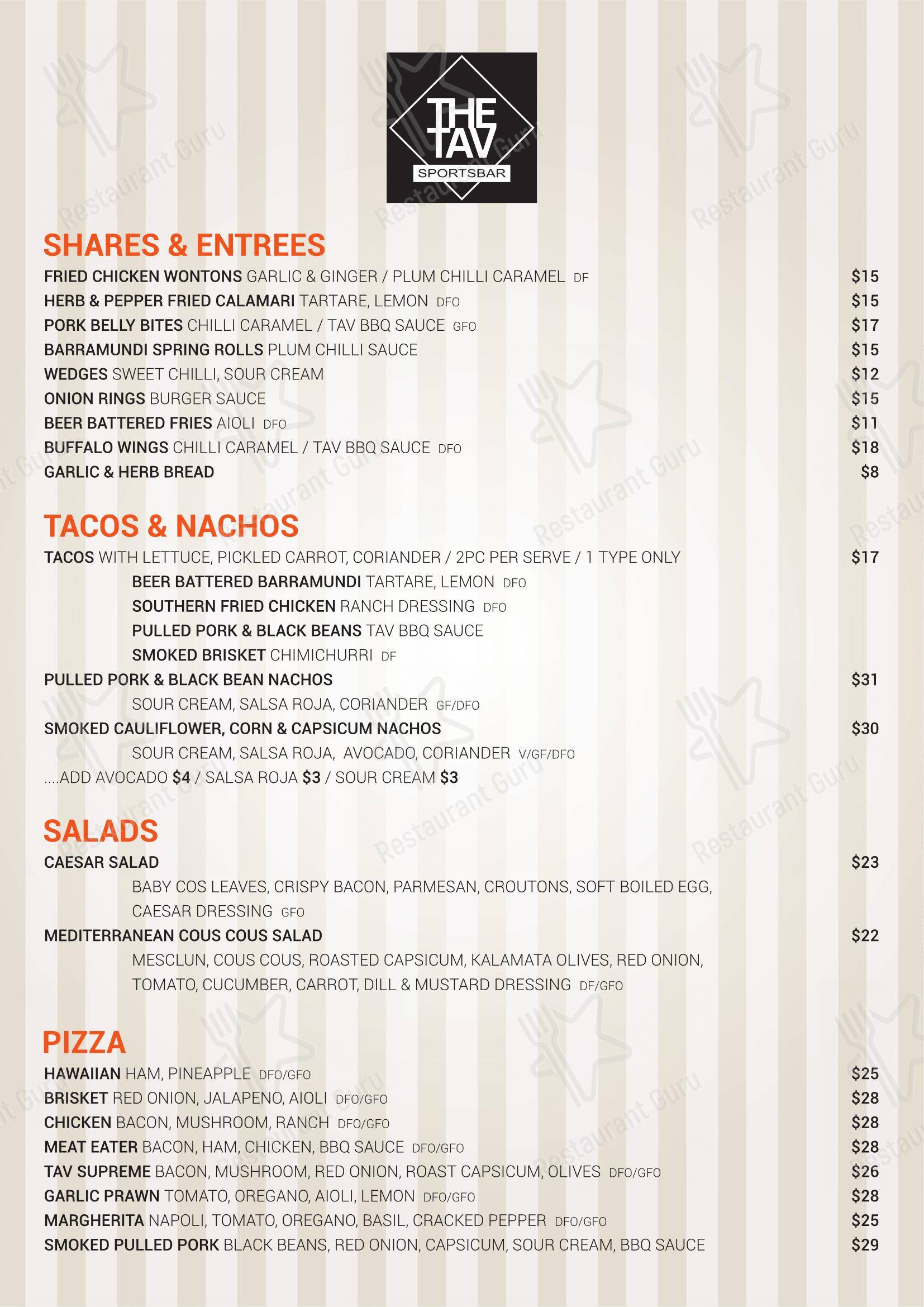 Menu at The Tav SportsBar Karratha, Pegs Creek