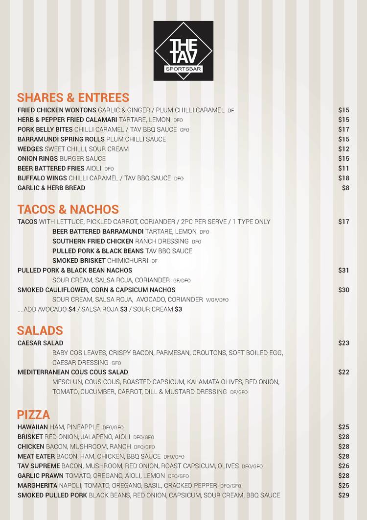 Menu at The Tav Sportsbar, Busselton