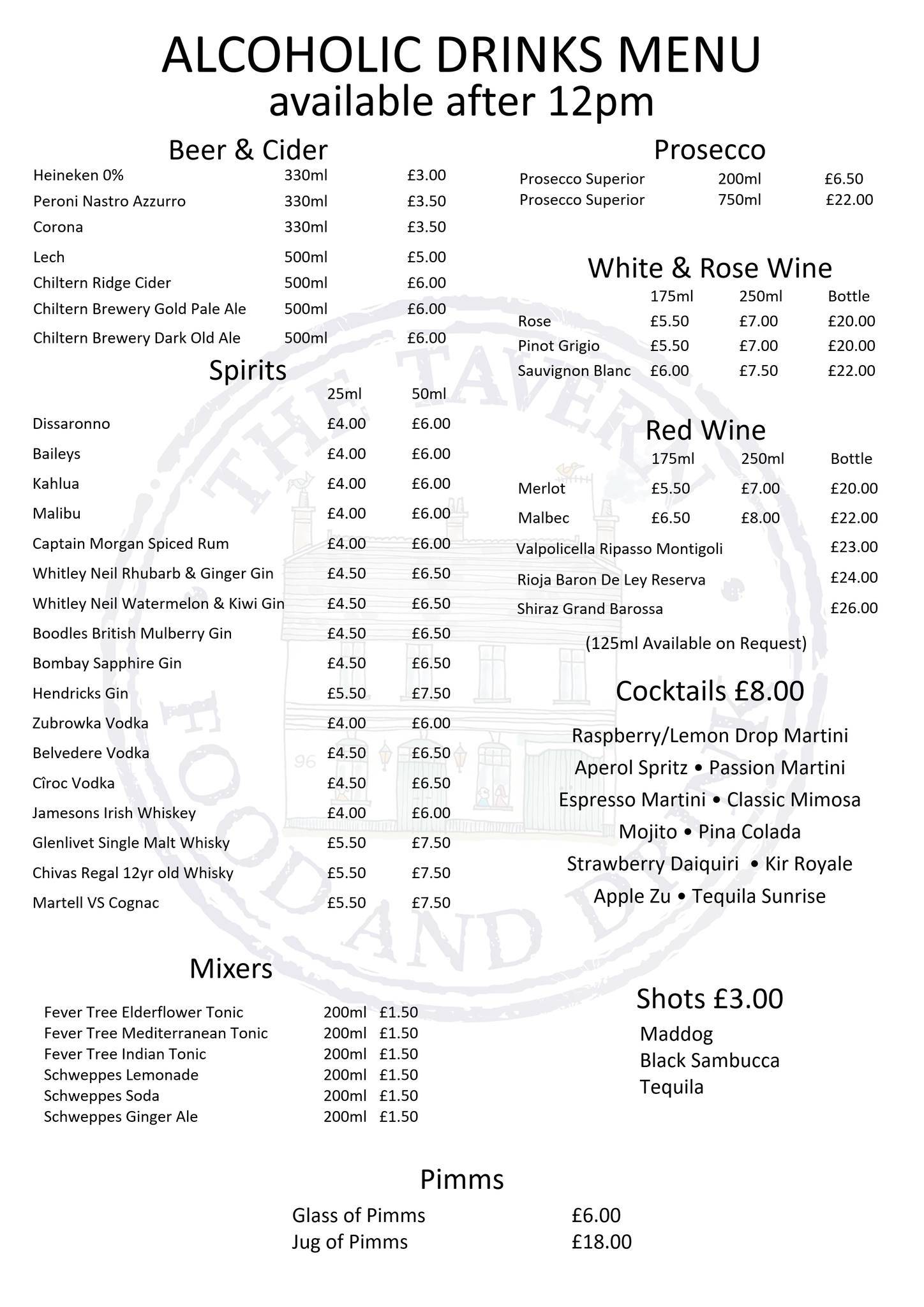 Menu at The Tavern restaurant, Chesham