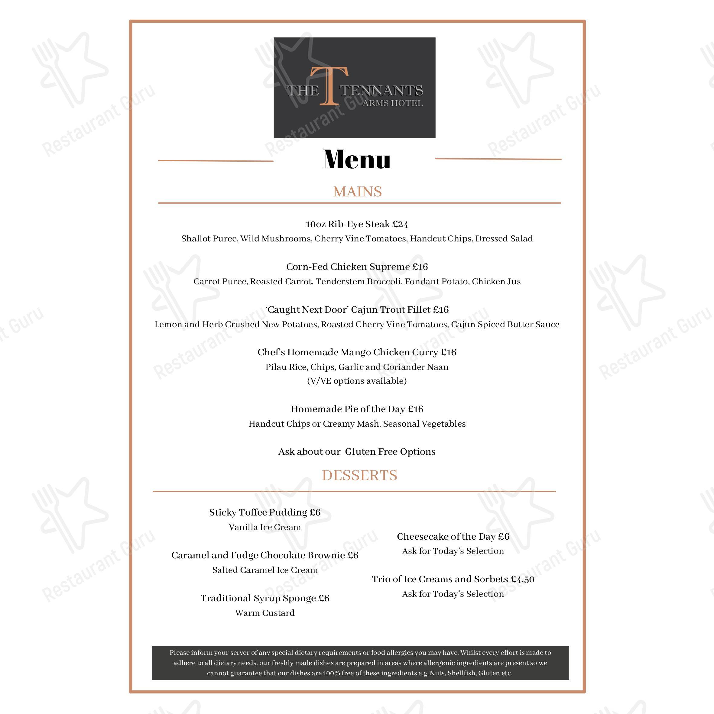 Menu at The Tennants Arms Hotel pub & bar, Kilnsey