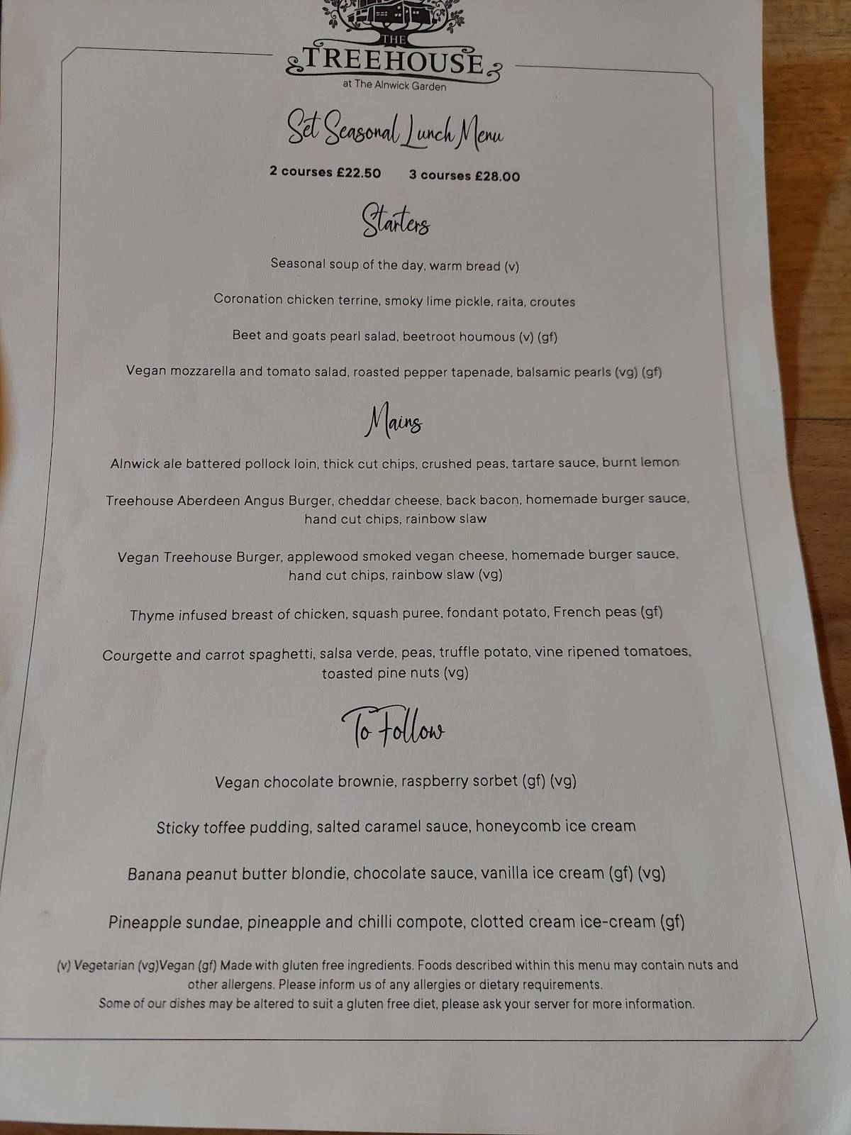 Menu at The Treehouse Restaurant, Alnwick