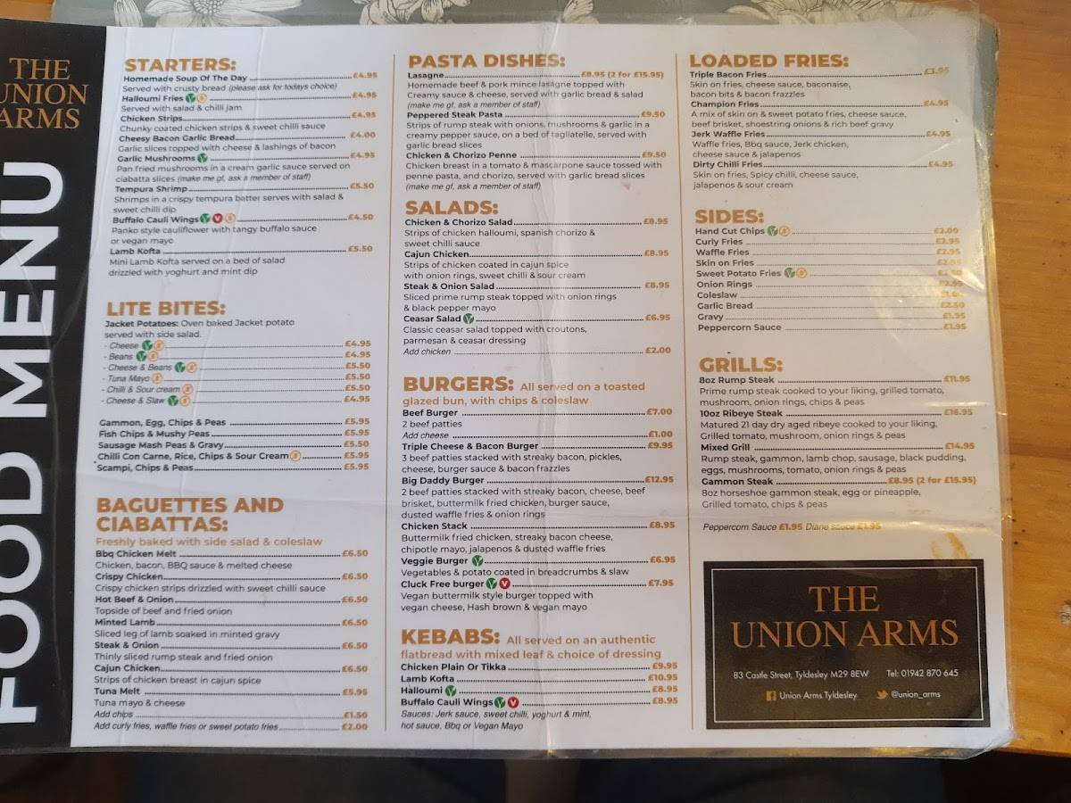 Menu at The Union Arms pub & bar, Tyldesley