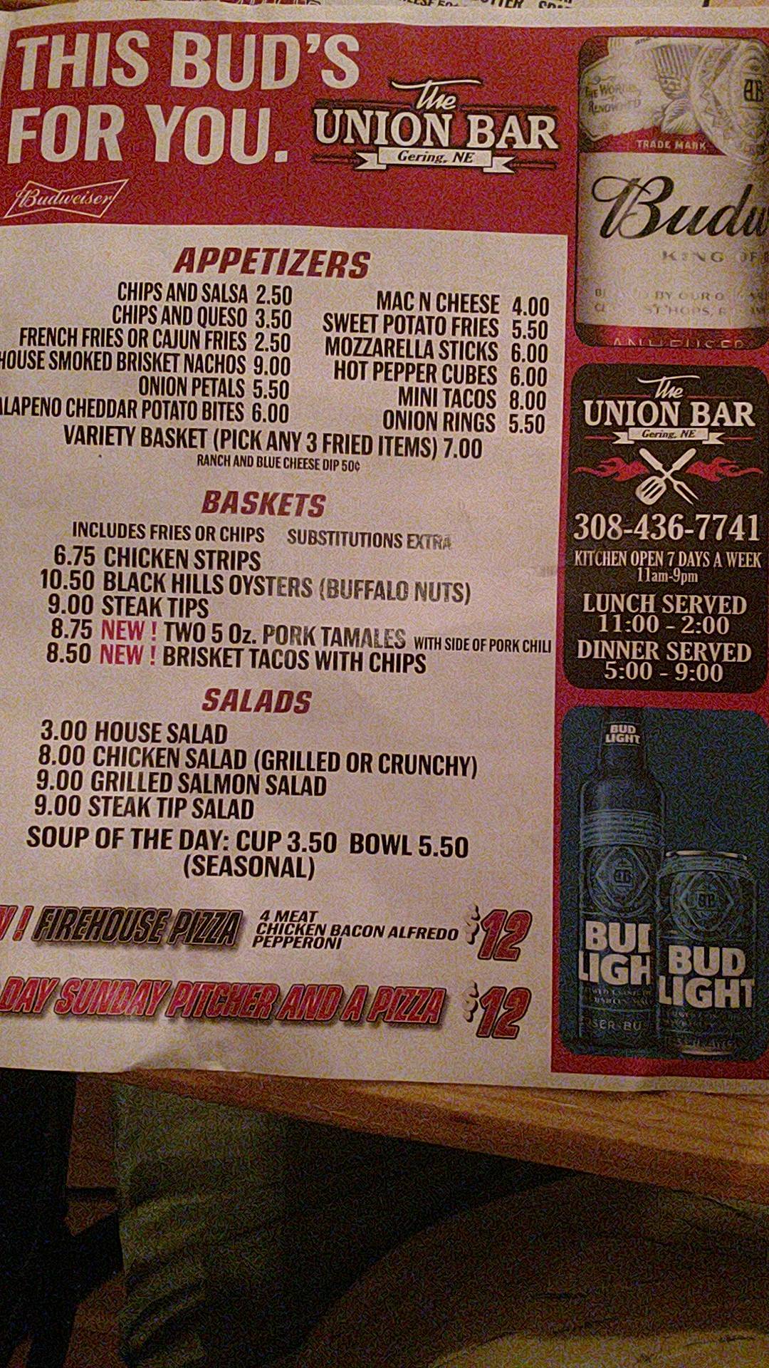 Menu at The Union Bar and Grill, Gering, 10th St