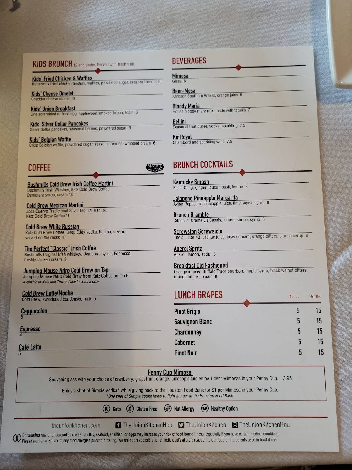 Menu at The Union Kitchen restaurant, Houston, Washington Ave