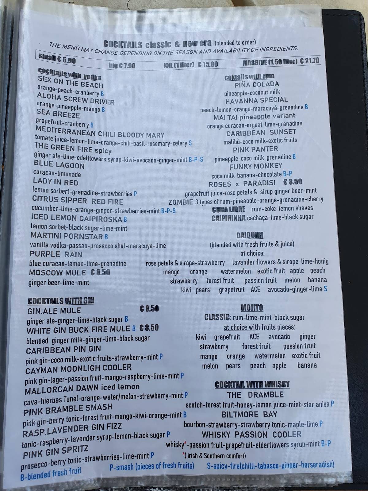 Menu at The Venetian Palace restaurant, Palmanova