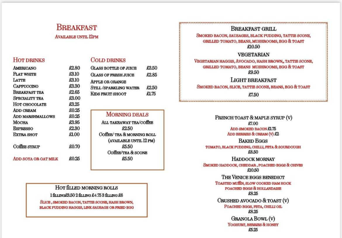 Menu at The Venice Cafe, Troon